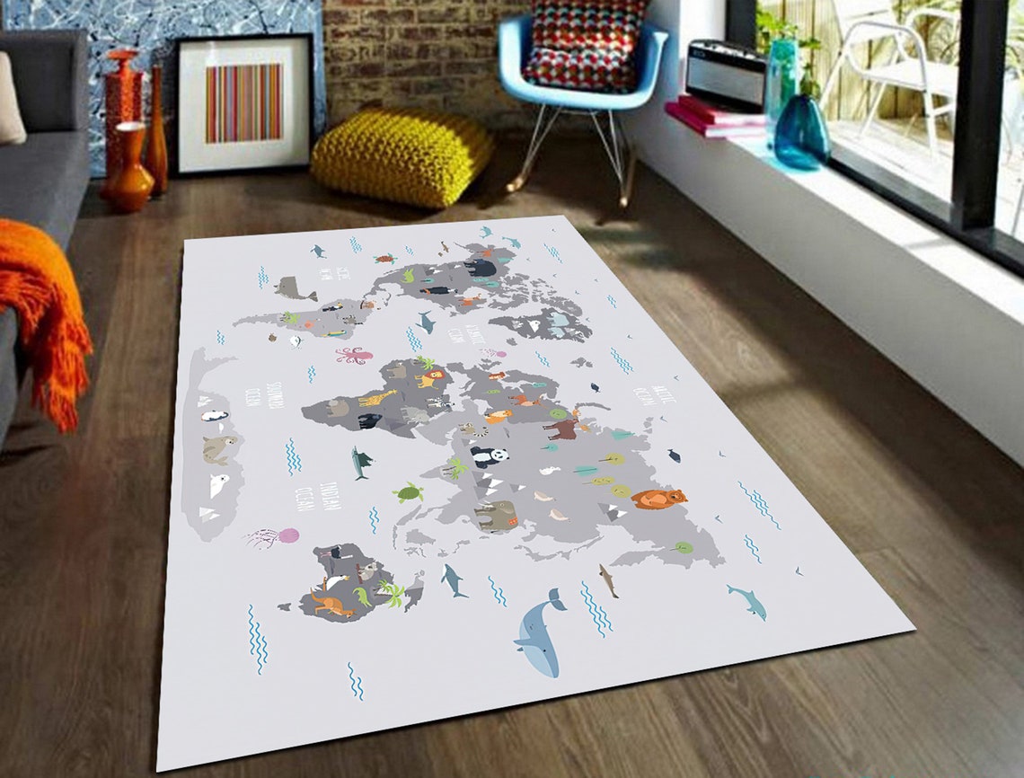 World Map With Animals Rugs, Area Rug, Front Door Rugs, Children Rugs ...