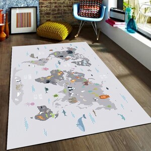 World Map With Animals Rugs, Area Rug, Front Door Rugs, Children Rugs ...