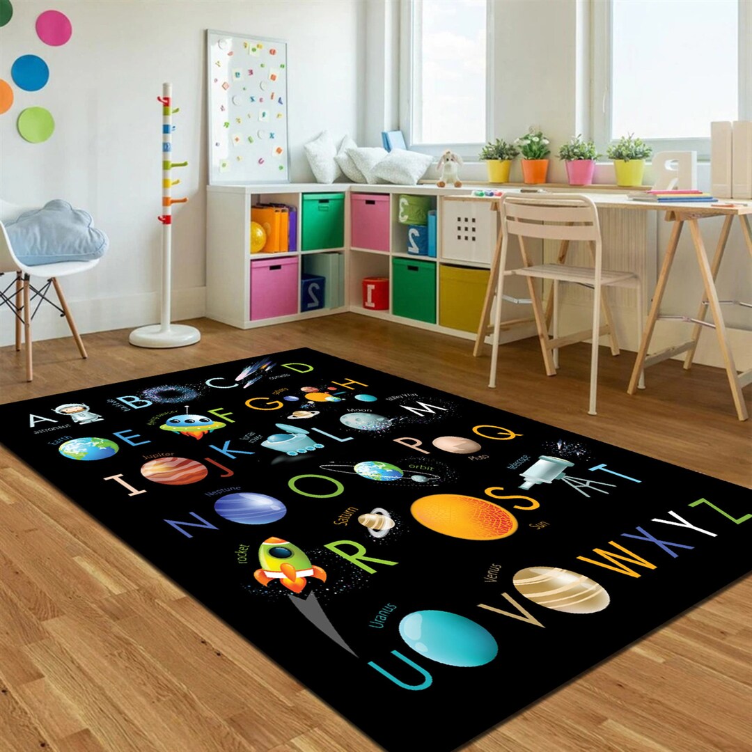 Vibrant Cute Kids Solar System Printed Kids Room Rug, Educational Solar ...