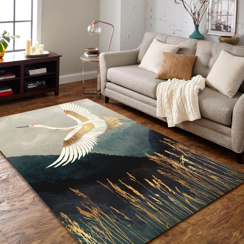 Japanese Art Crane Bird Rug Gold Texture Rug Luxury Rug for - Etsy