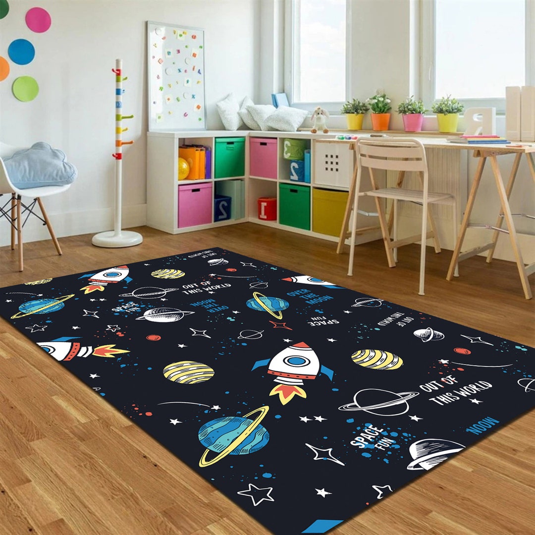 Vibrant Cute Kids Solar System Printed Kids Room Rug, Educational Solar ...