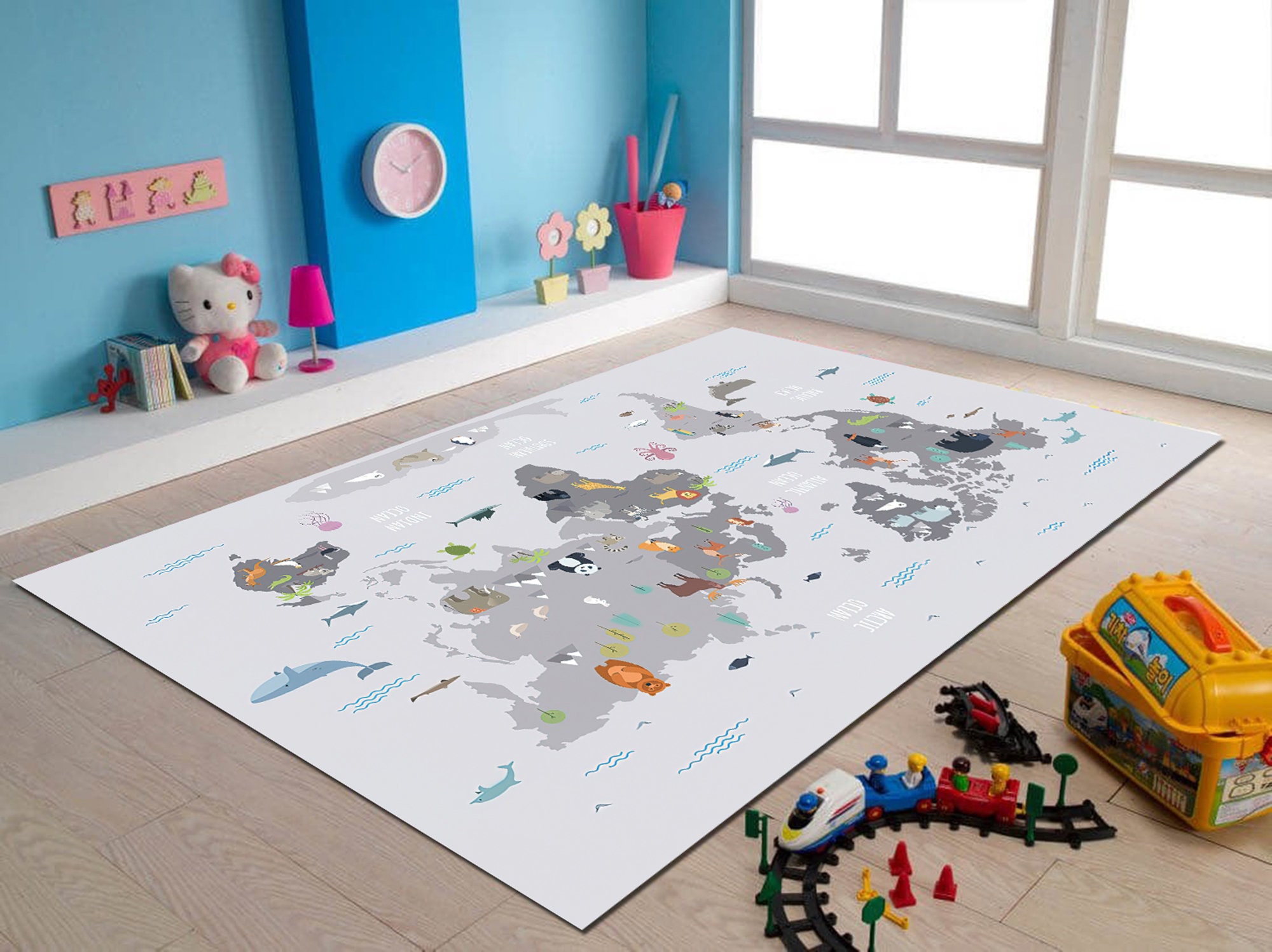 World Map With Animals Rugs, Area Rug, Front Door Rugs, Children Rugs ...