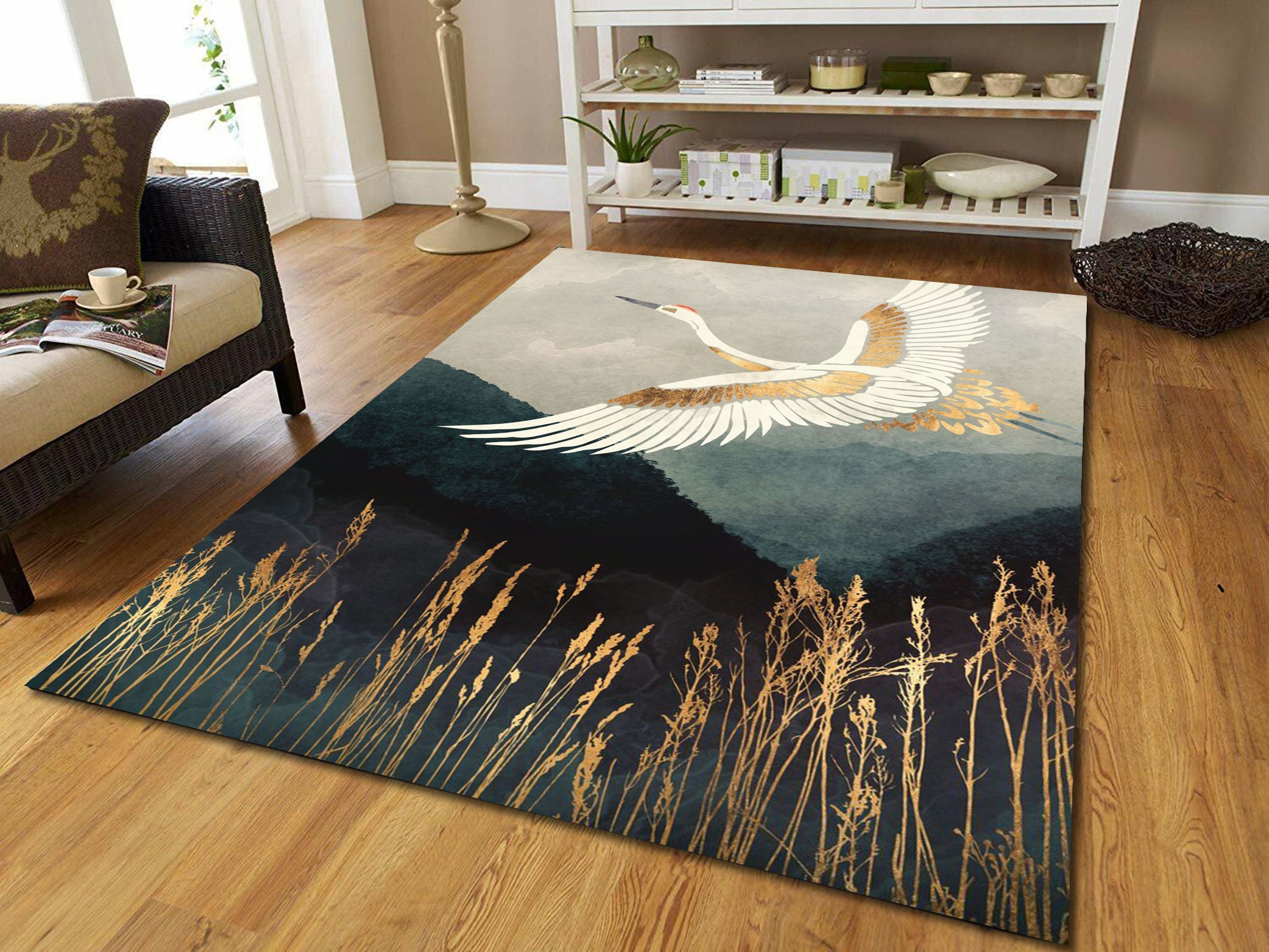 Japanese Art Crane Bird Rug Gold Texture Rug Luxury Rug for - Etsy