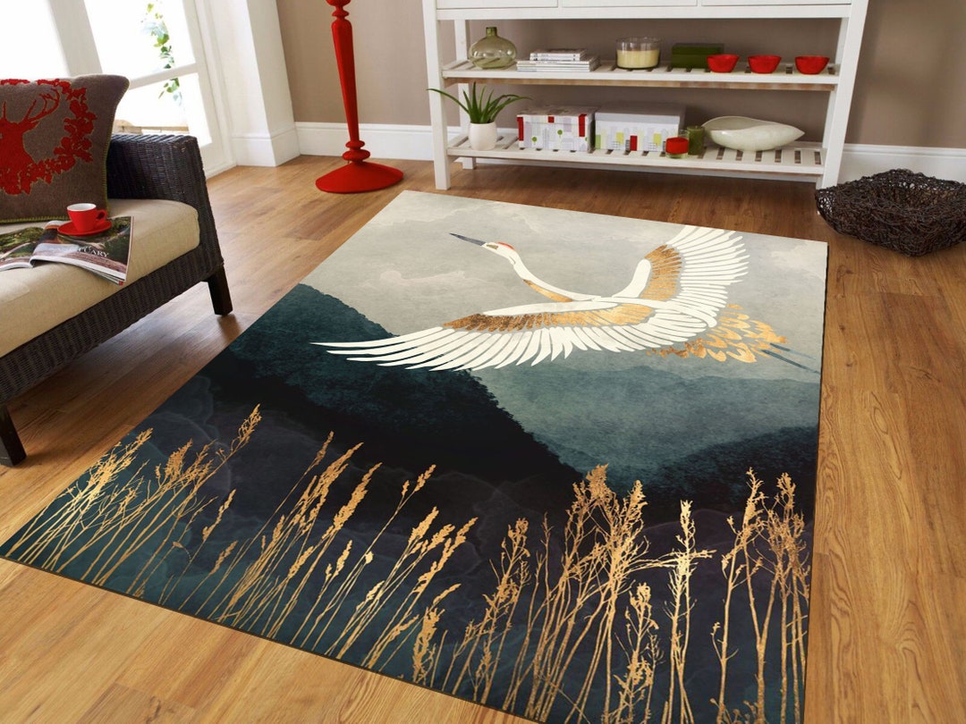 Japanese Art Crane Bird Rug Gold Texture Rug Luxury Rug for - Etsy
