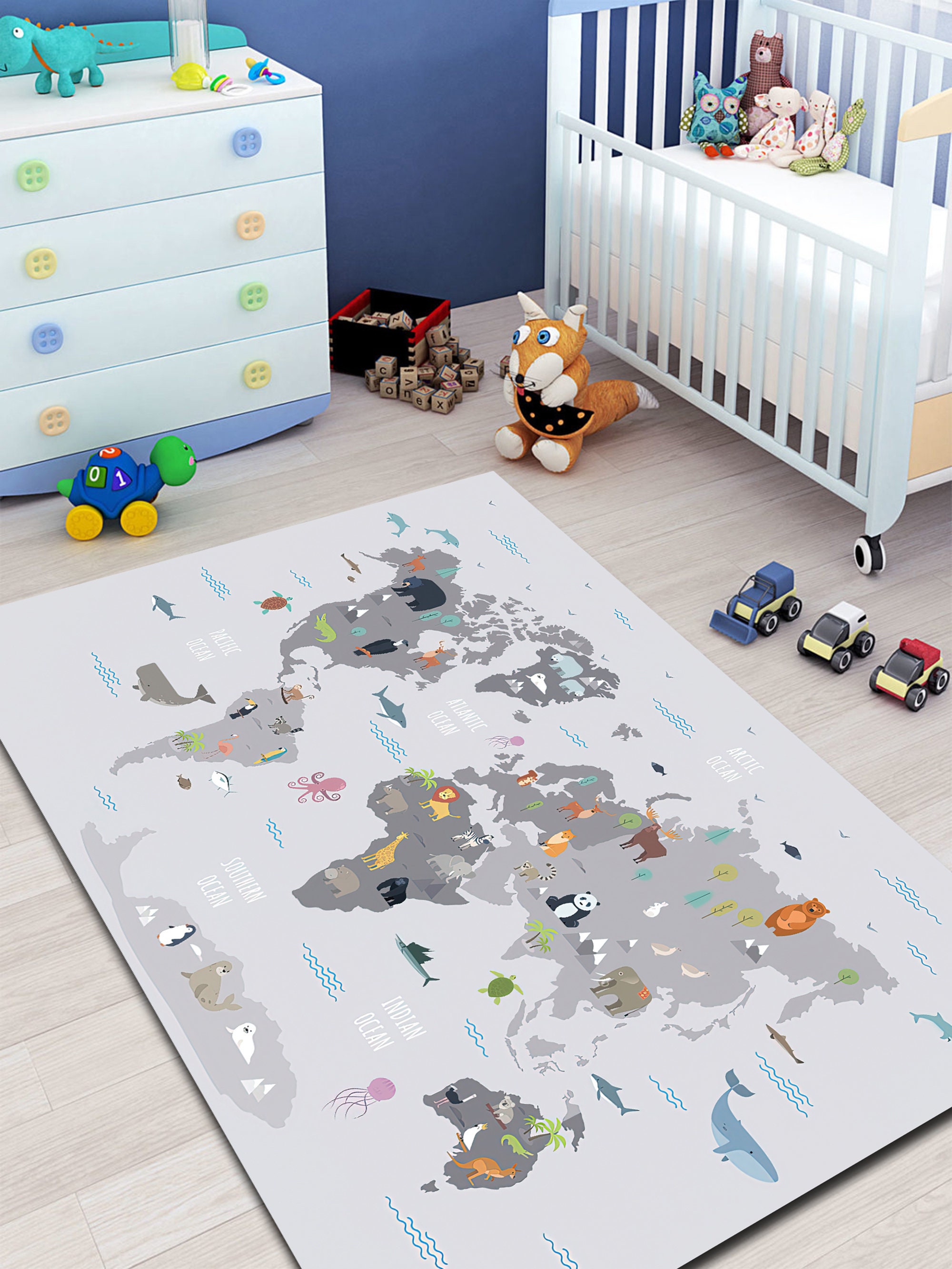 World Map With Animals Rugs, Area Rug, Front Door Rugs, Children Rugs ...