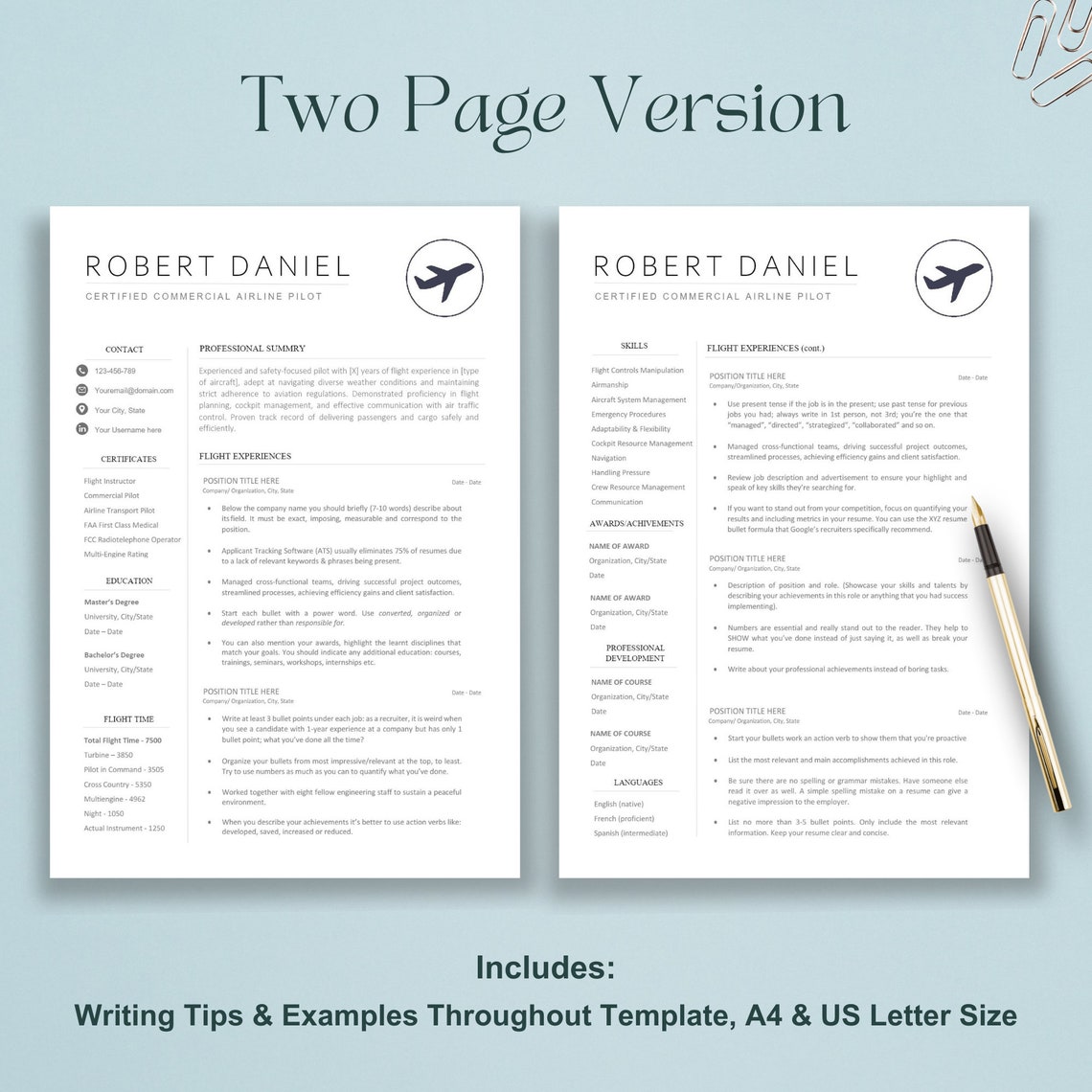 Pilot Resume Template Word, Google Docs & Pages, Professional Resume ...