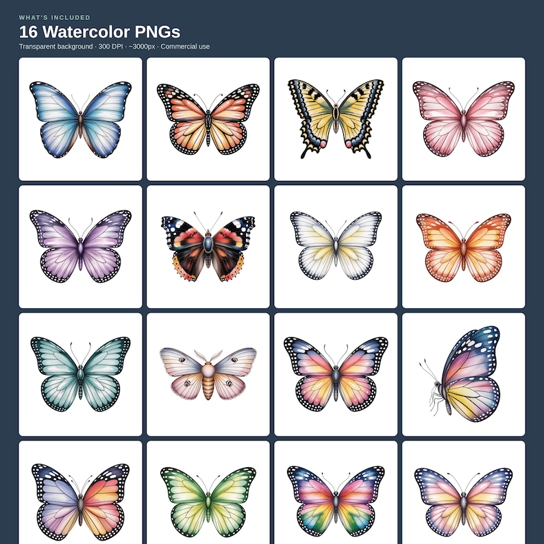 Watercolor Butterfly Clipart, 16 PNG Transparent Background, Colorful ...