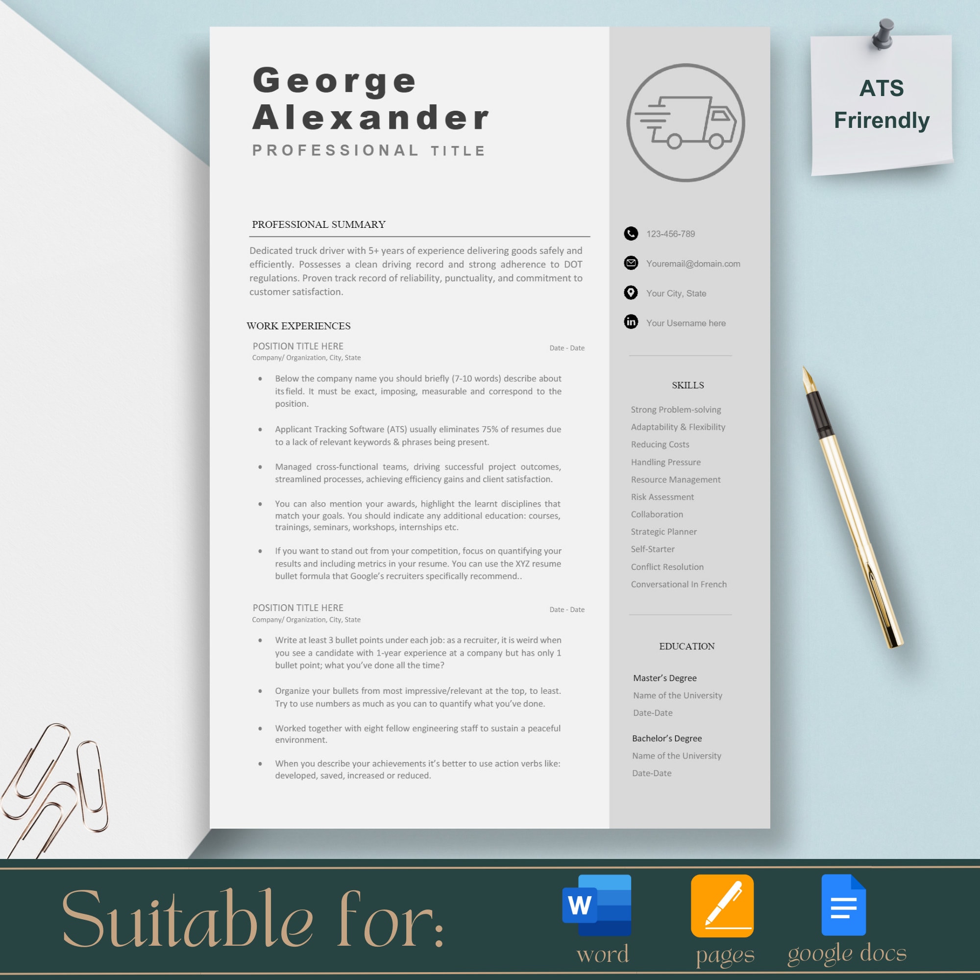 Truck Driver Resume Template Word, Google Docs & Pages, Professional ...