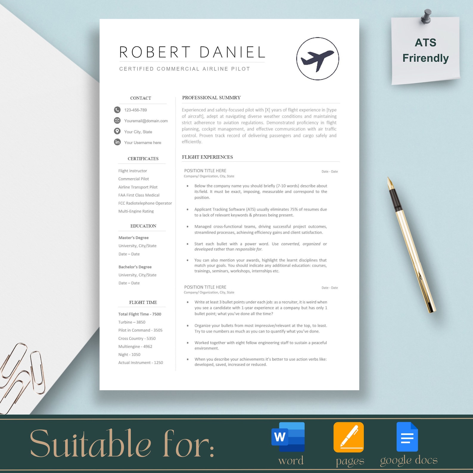 Pilot Resume Template Word, Google Docs & Pages, Professional Resume ...