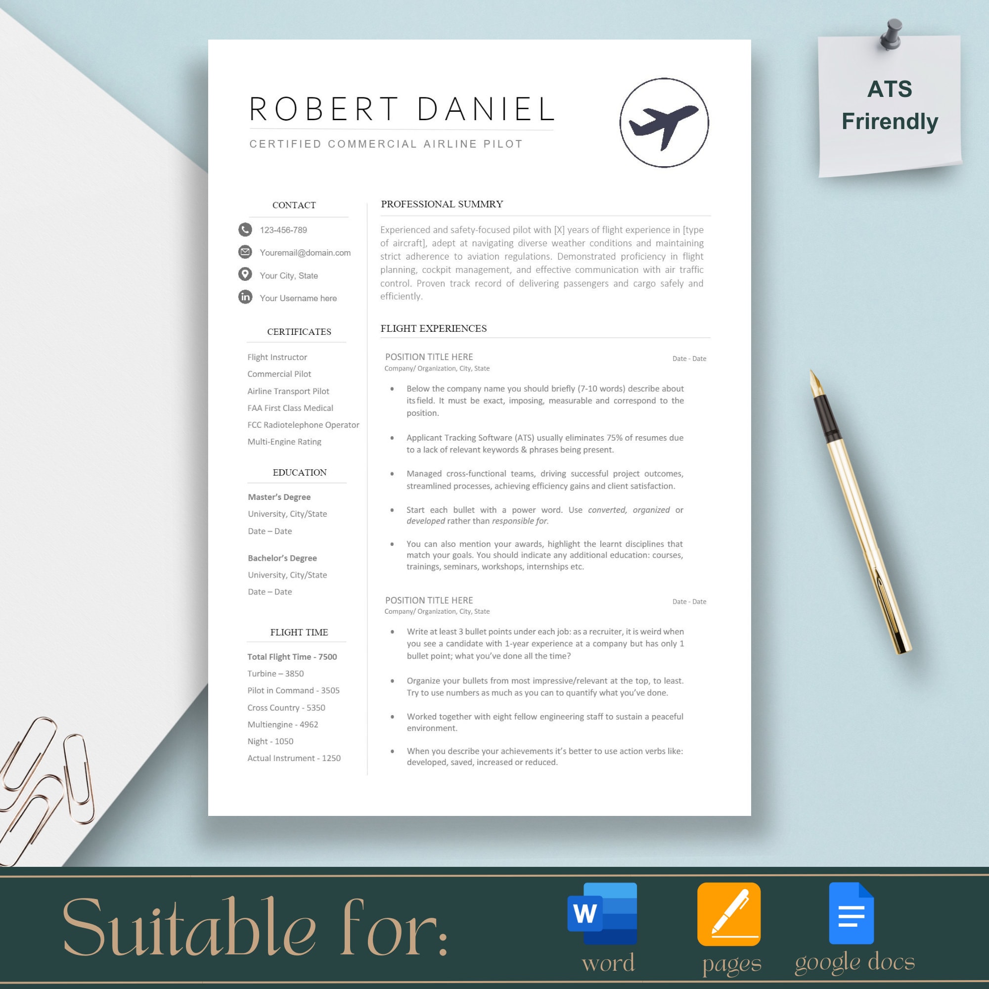 Pilot Resume Template Word, Google Docs & Pages, Professional Resume ...