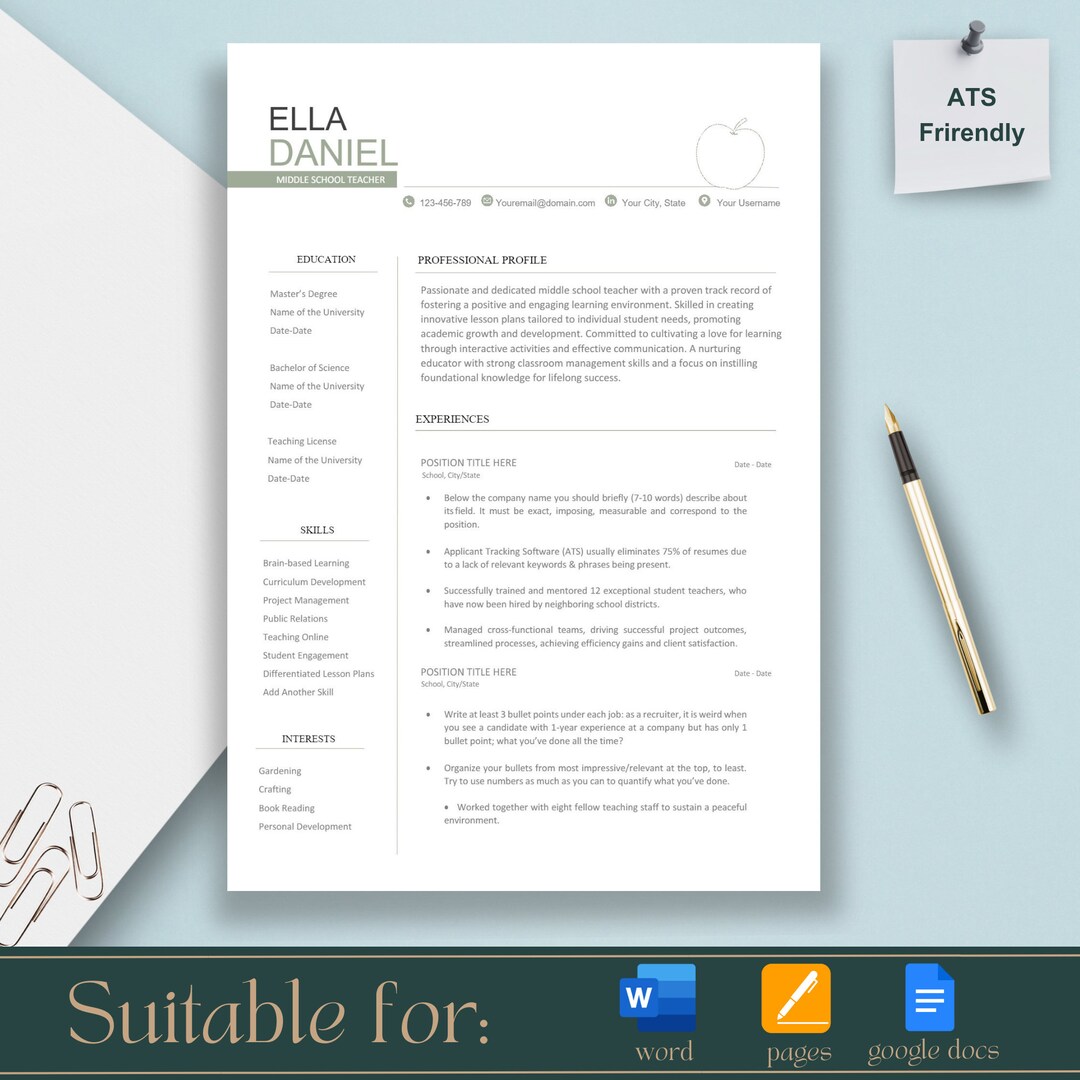 Best Teacher Resume Template Google Docs, Word & Pages, Education ...