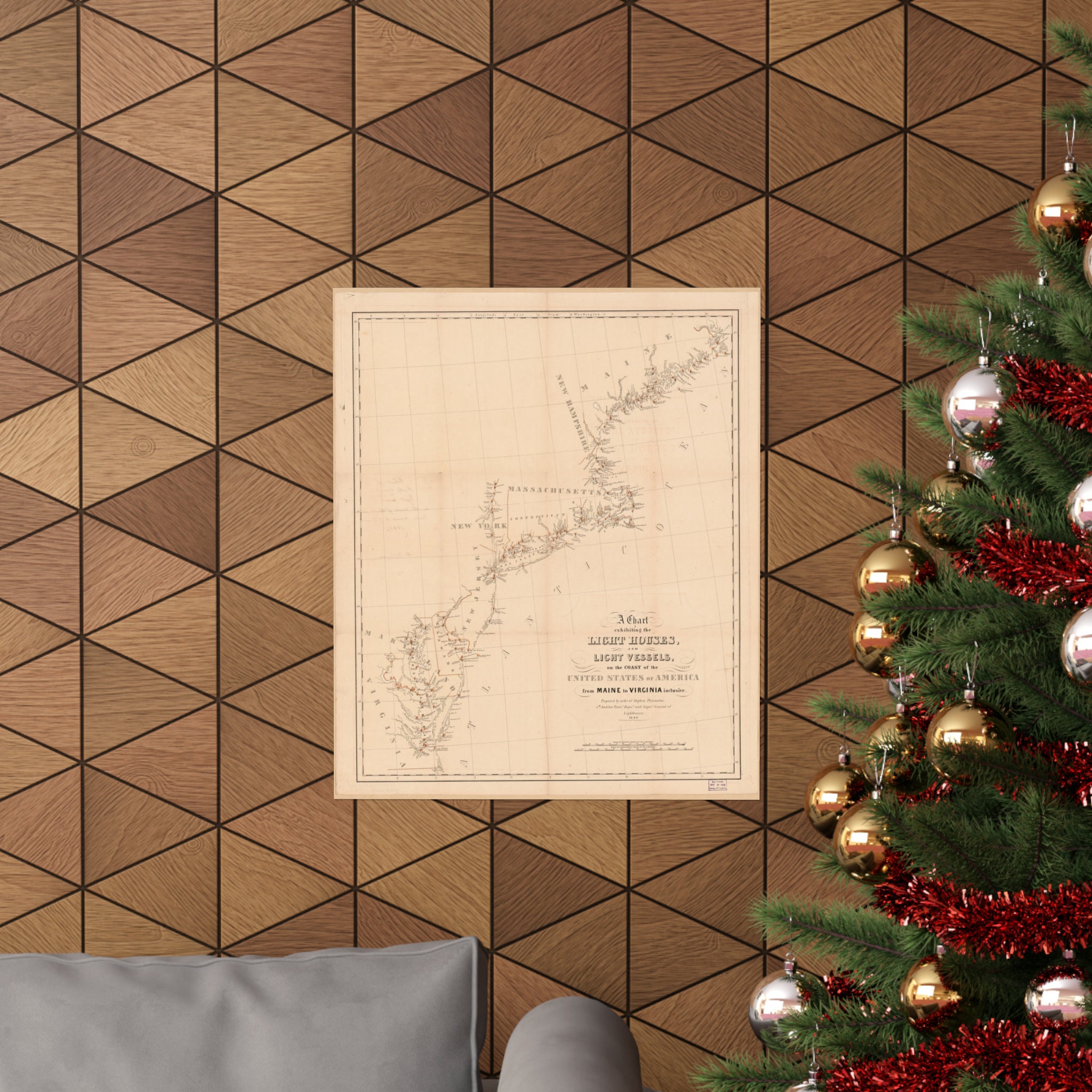 East Coast Lighthouse Map Vintage Illustration Nautical Wall Art New ...