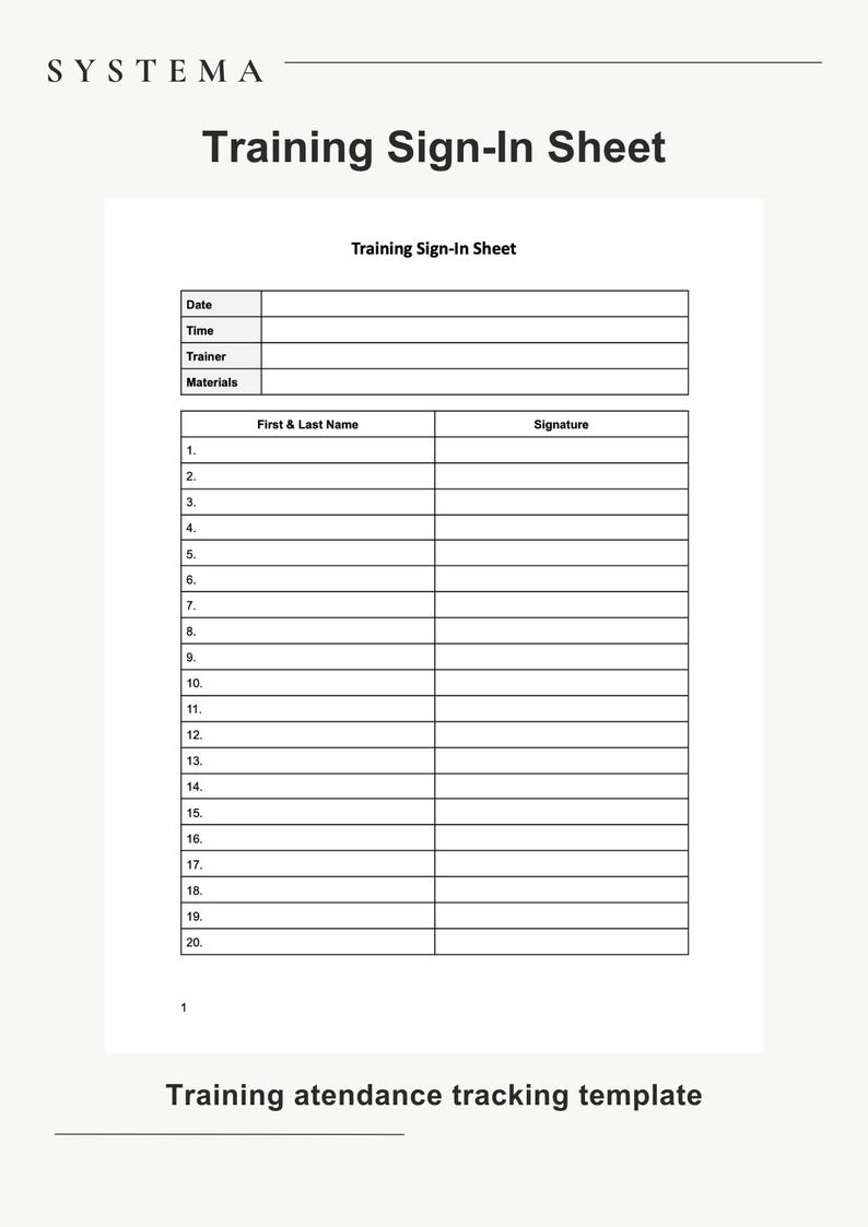 Training Sign-in Sheet Template, Printable Attendance Tracker, PDF ...