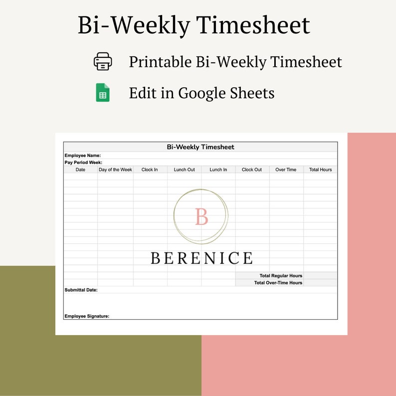 Digital Bi-weekly Timesheet, Printable Bi-weekly Timesheet, Editable Bi ...