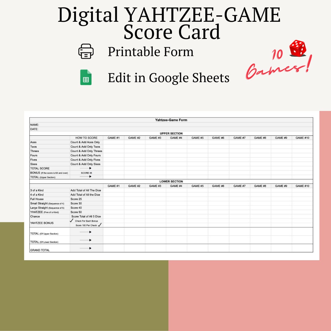Digital Homemade Yahtzee-game Score Card Form, 10 Game Template ...