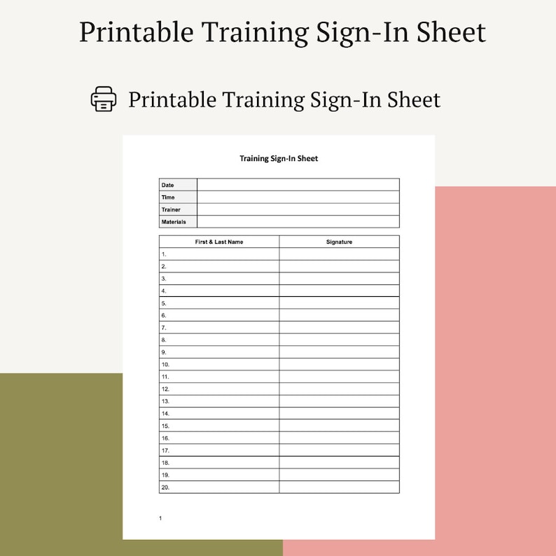 Printable Training Sign-in Sheet, Printable Signature Page, Printable ...