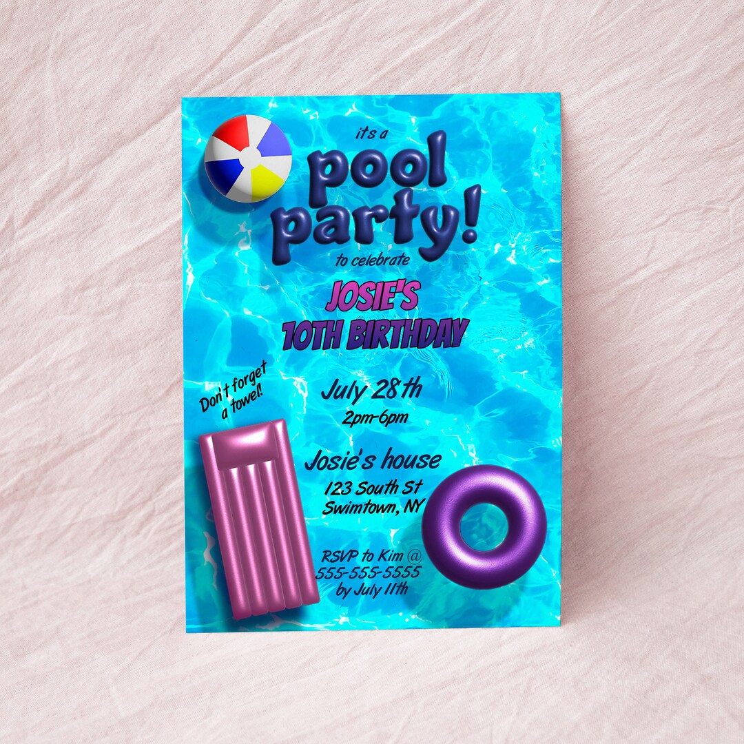 Pool Party Invitation Design for Birthday Pink and Purple - Etsy
