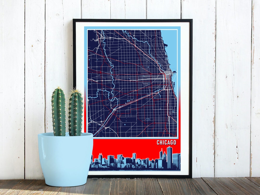 Chicago Map Poster Print, Chicago Fire FC Artwork, Chicago Skyline Wall ...