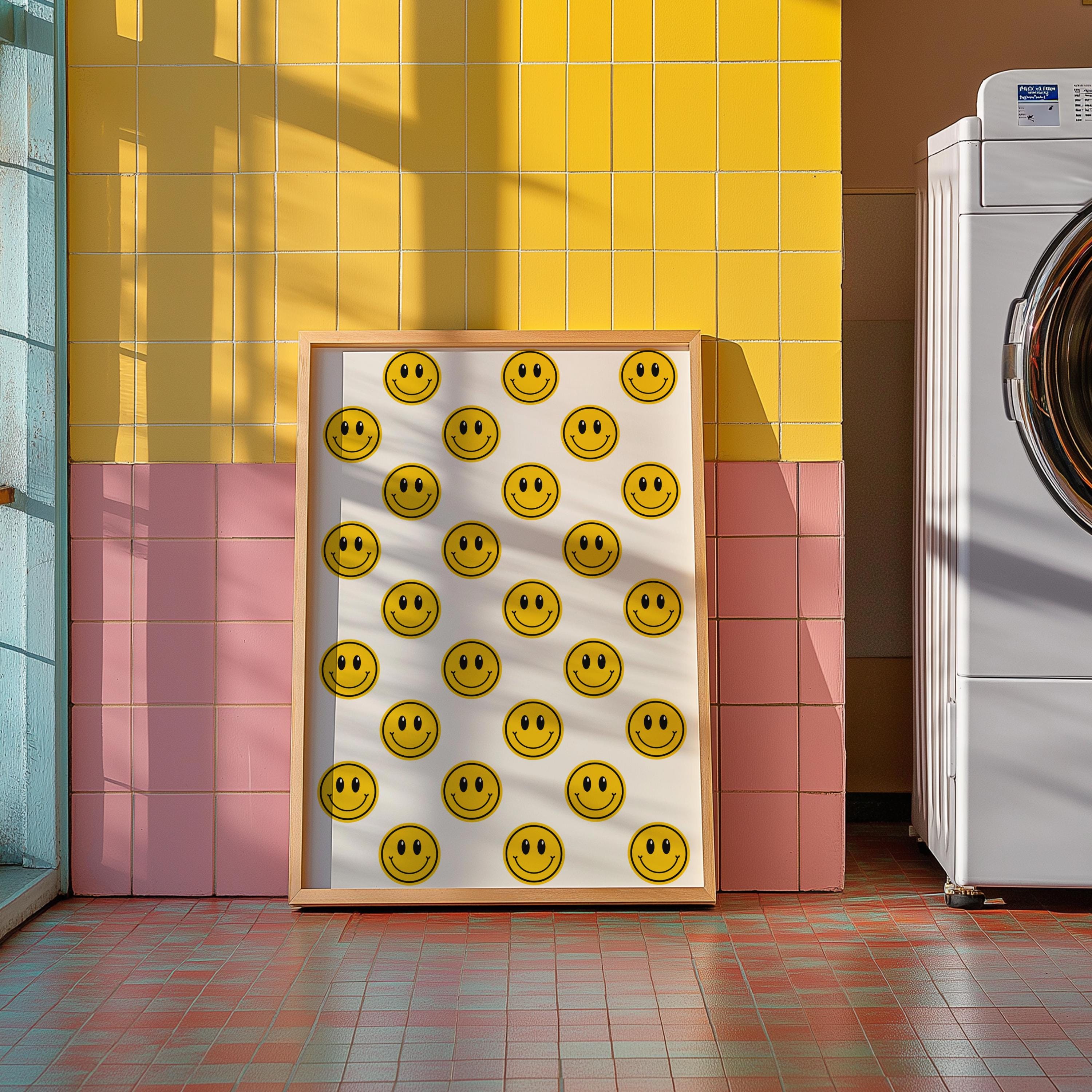 Retro Smiley Face Pattern Wall Art - Bold Yellow Vintage Aesthetic ...