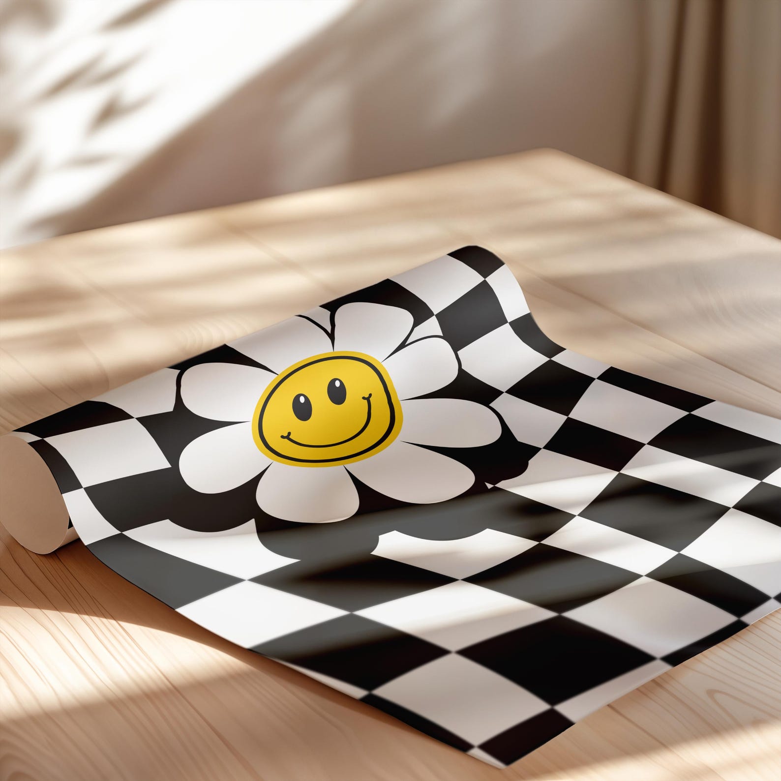 Retro Checkered Smiley Flower Wall Art - Trippy Black and White ...