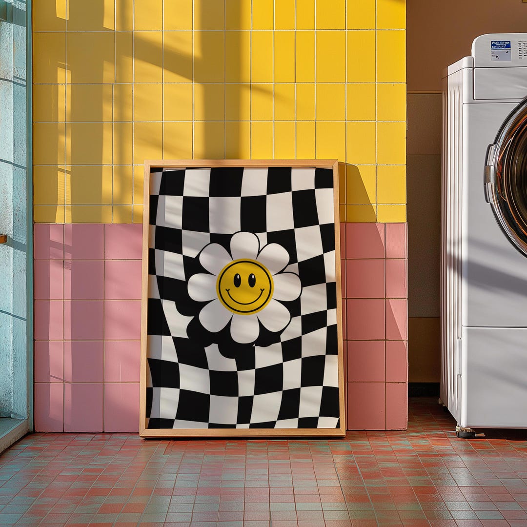 Retro Checkered Smiley Flower Wall Art - Trippy Black and White ...