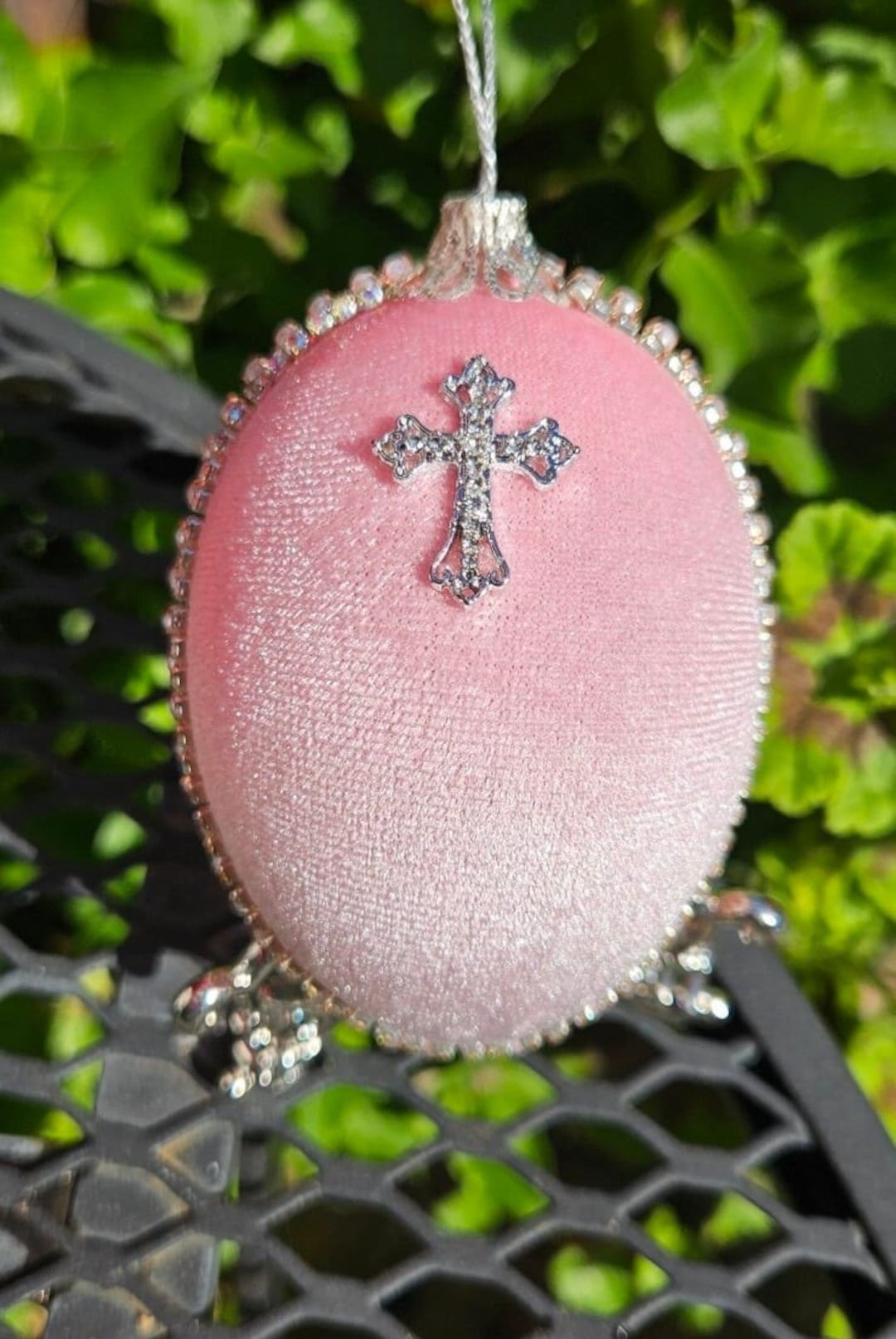 Light Pink Easter Egg Ornament, Cross Easter Ornament, Pink Collectors Ornament, Rhinestone ...