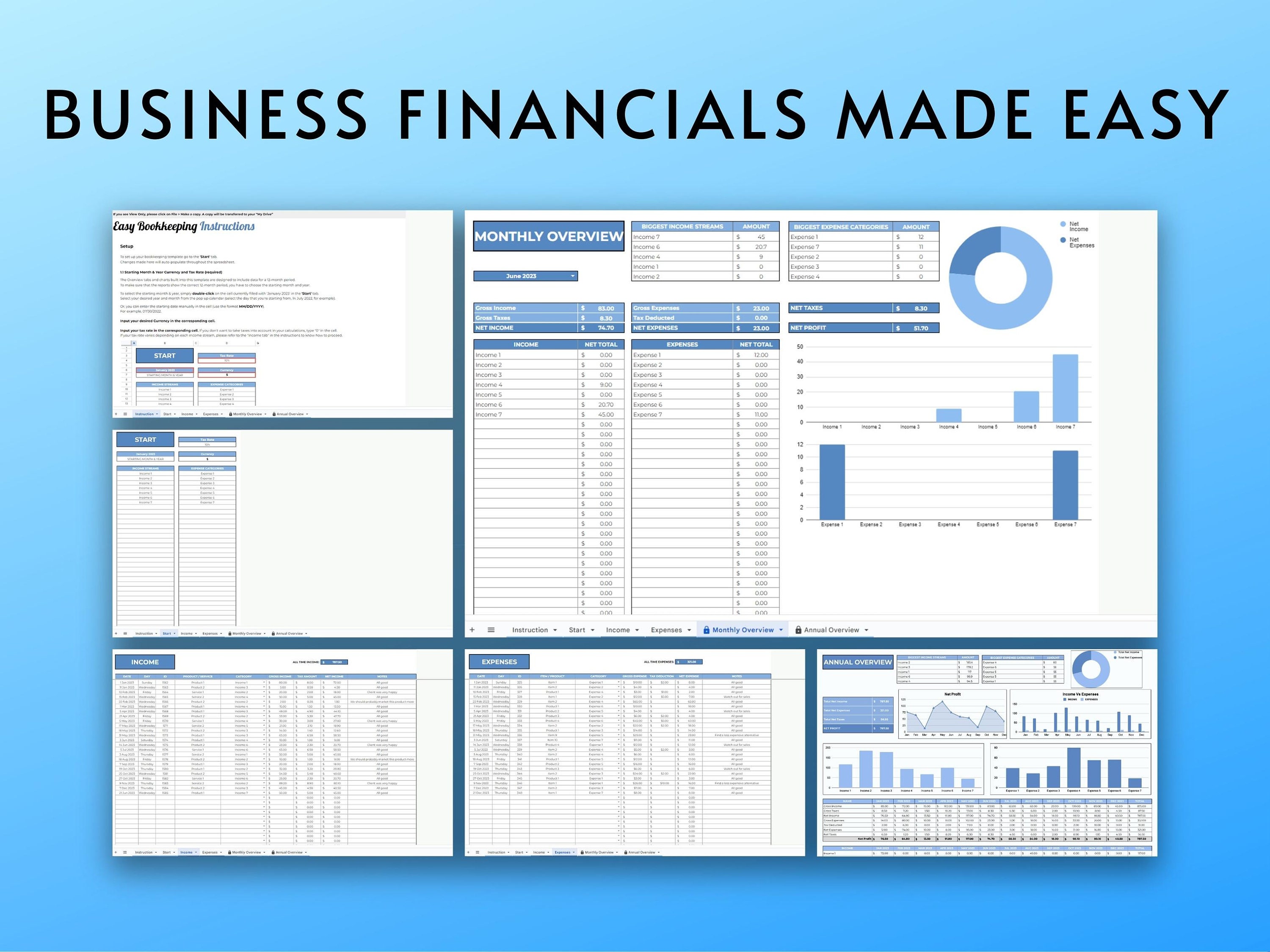 Blue Small Business Bookkeeping Tracker, Income and Expenses Google ...