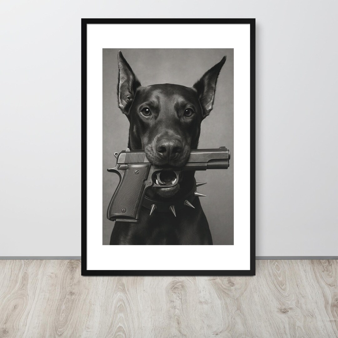 Black and White Doberman Gun Photography Print - Framed Wall Art - Edgy ...