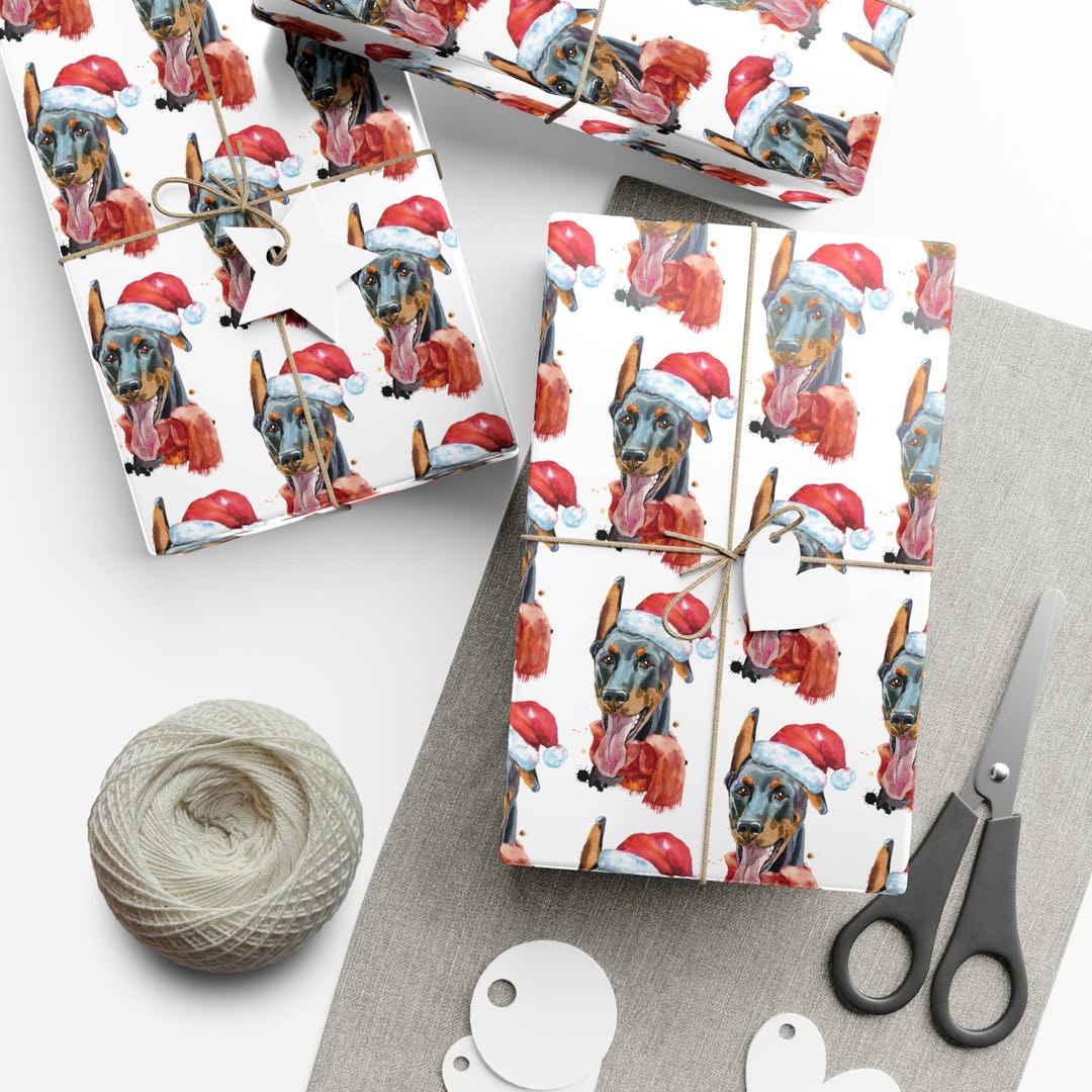 Doberman Santa Gift Wrap Papers - Beautiful Dobie Watercolor for Unique Christmas Wrapping - 3 ...