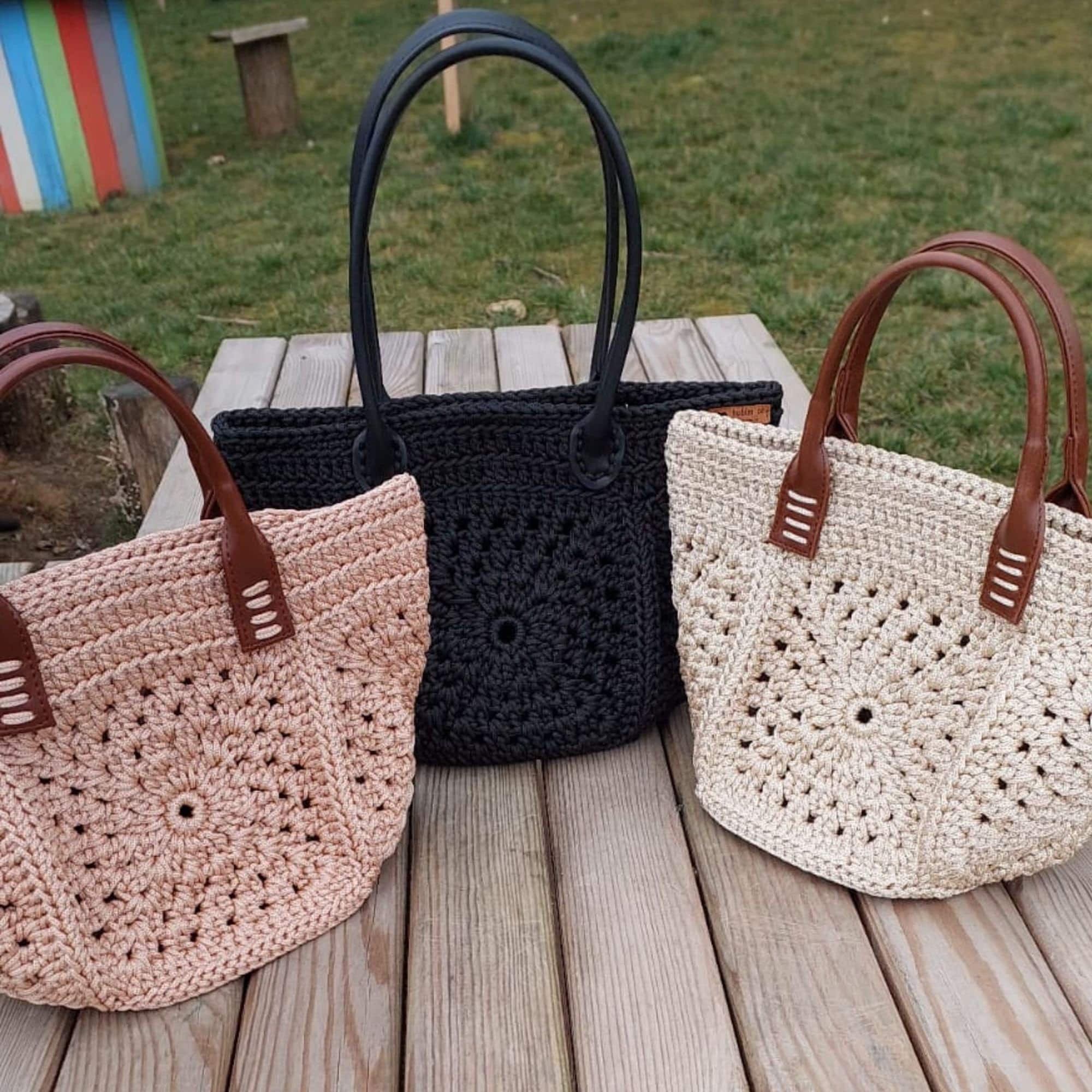 Hand Knitted Bag With Leather Handle, Tote Shoulder Bag , Handmade Bag ...