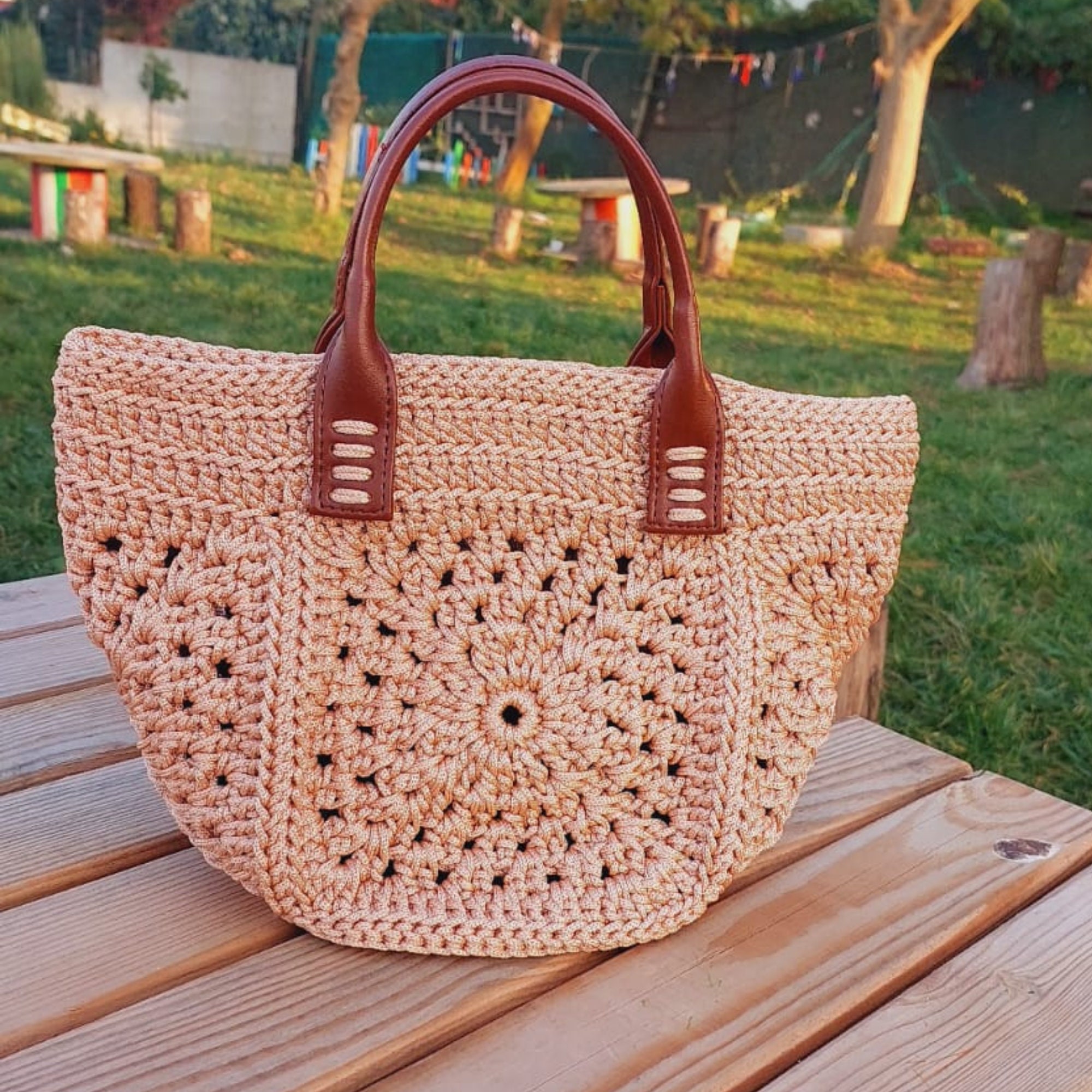 Hand Knitted Bag With Leather Handle, Tote Shoulder Bag , Handmade Bag ...