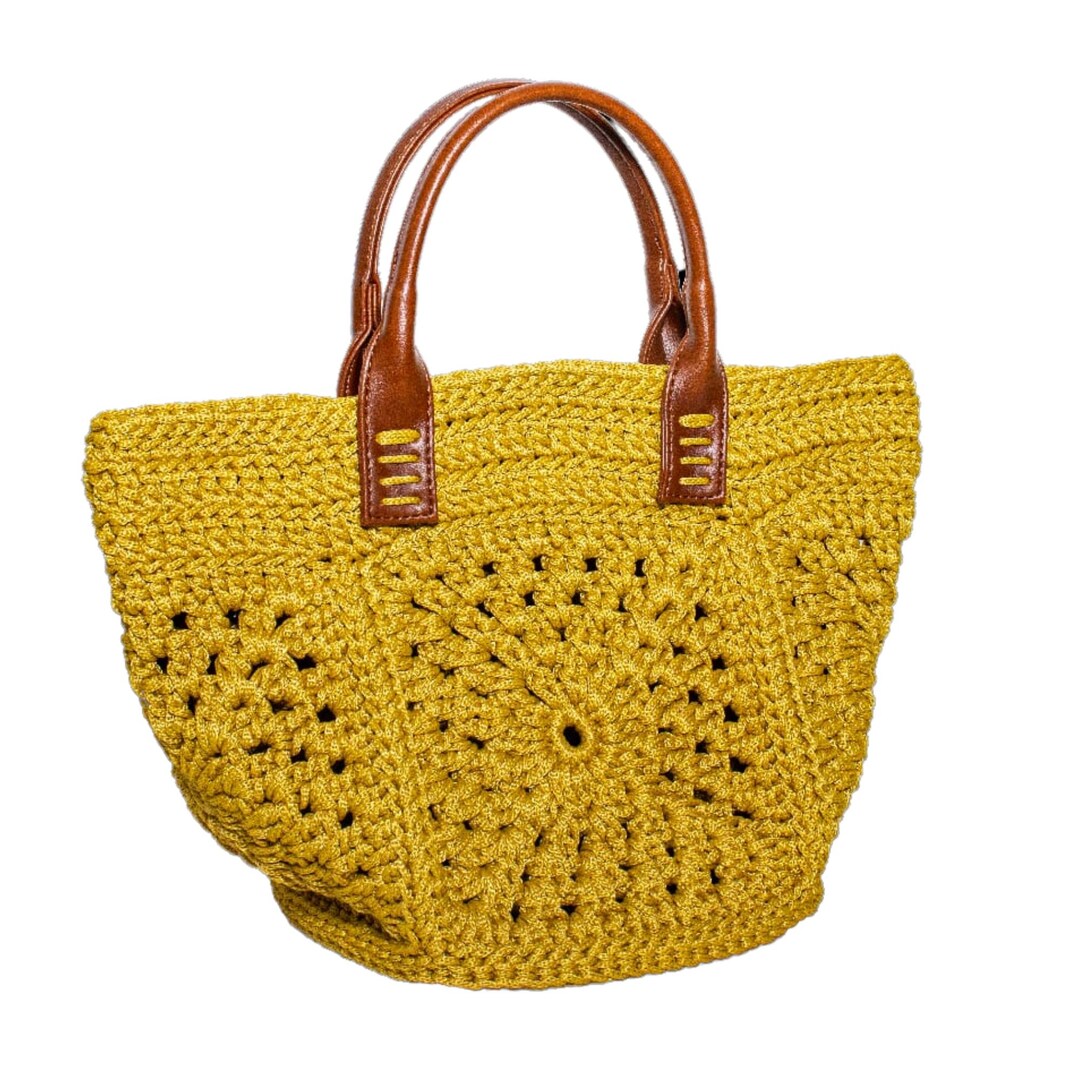 Hand Knitted Bag With Leather Handle, Tote Shoulder Bag , Handmade Bag ...