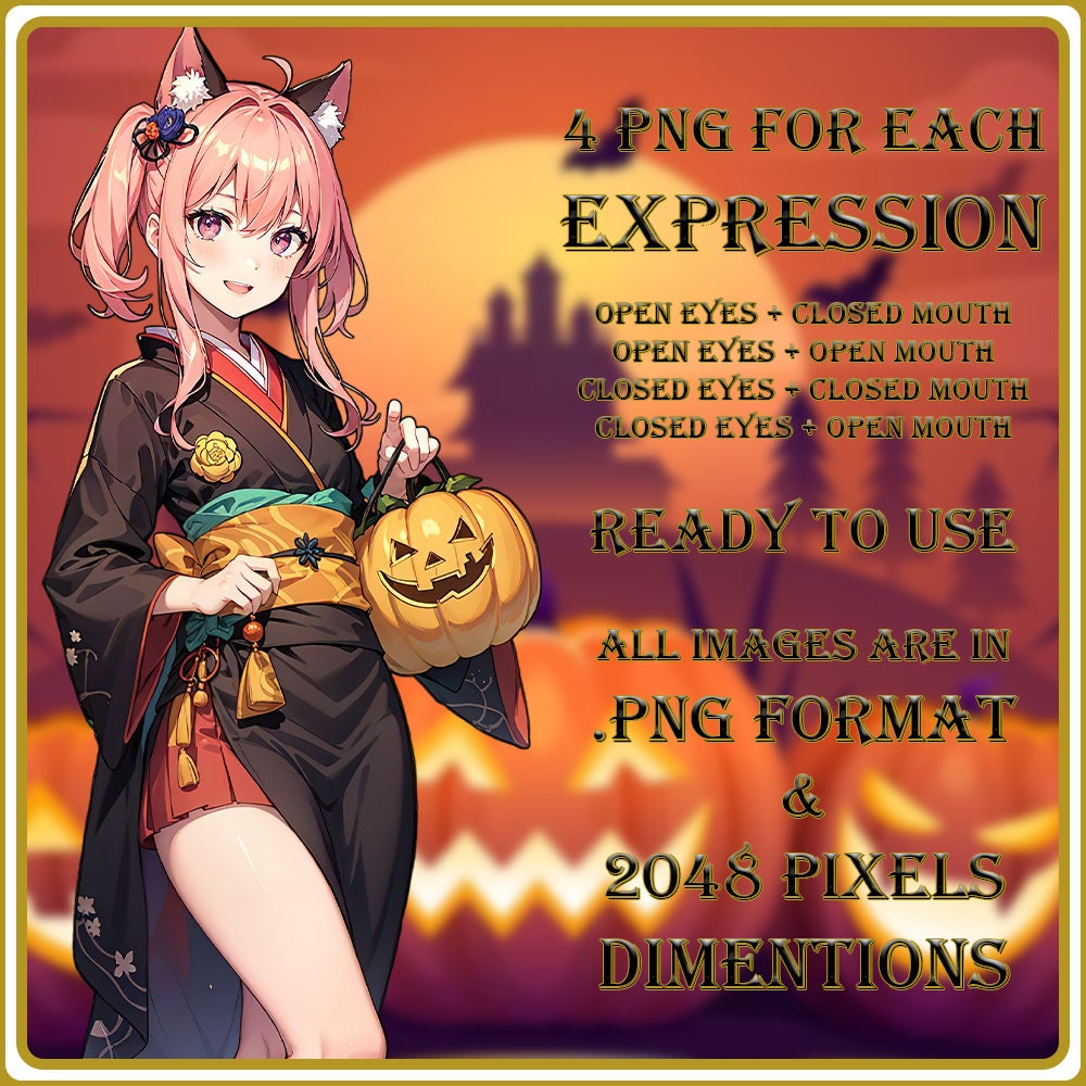 Pumpkin Cat Girl Pngtuber , 4 Expressions , 4 Emotion Pngtuber ...