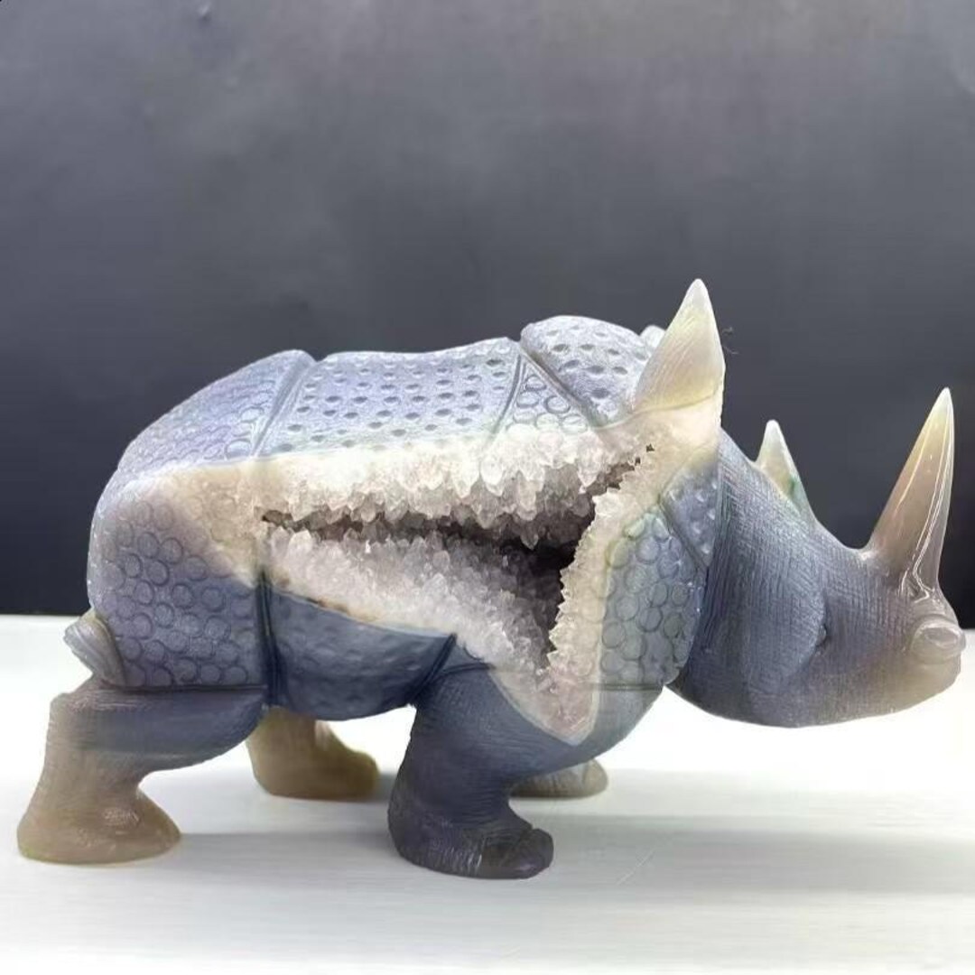 Agate Geode Rhinoceros Carving: Natural Crystal Reiki Healing Decor ...