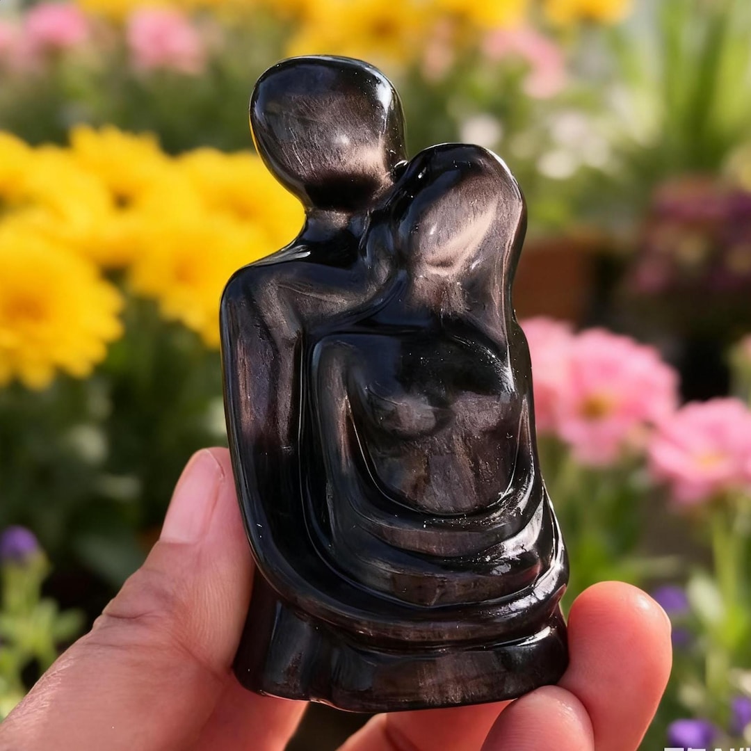 Silver Obsidian Carving Couple Statue: Crystal Healing Decor Gift, 3.1 ...