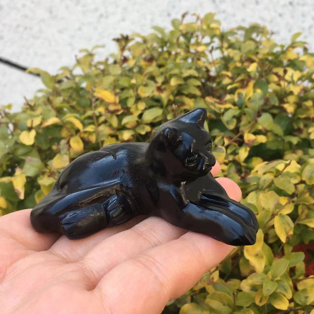 3" Natural Obsidian Cat Crystal Quartz ,hand Carved Cat ,crystal Black ...