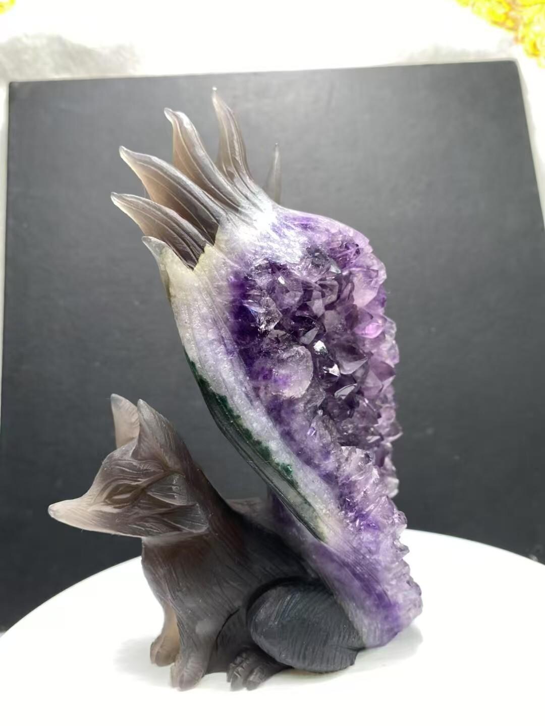 Hand Carved Amethyst Geode Fox:natural Crystal Carving, Specimen Home ...