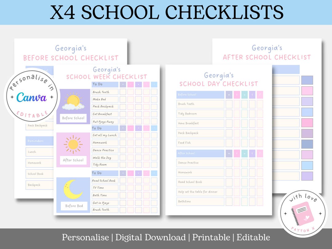 Printable School Checklist, Daily Routine Organizer, To-do List ...