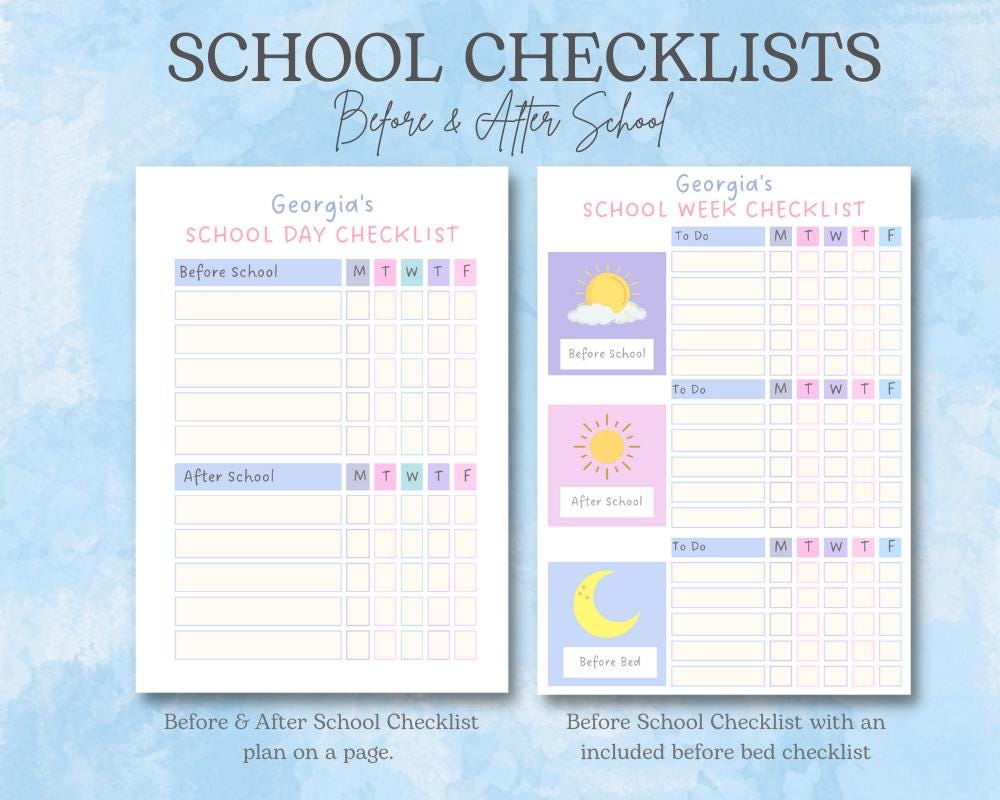 Printable School Checklist, Daily Routine Organizer, To-do List ...