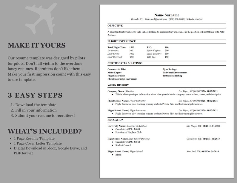Pilot Resume Template — Editable Airline Resume, Ats-friendly CV for ...