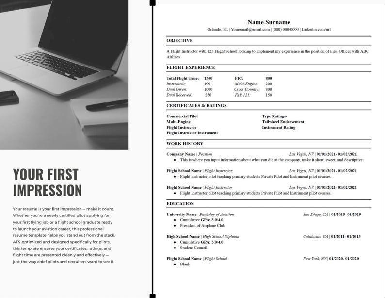 Pilot Resume Template — Editable Airline Resume, Ats-friendly CV for ...