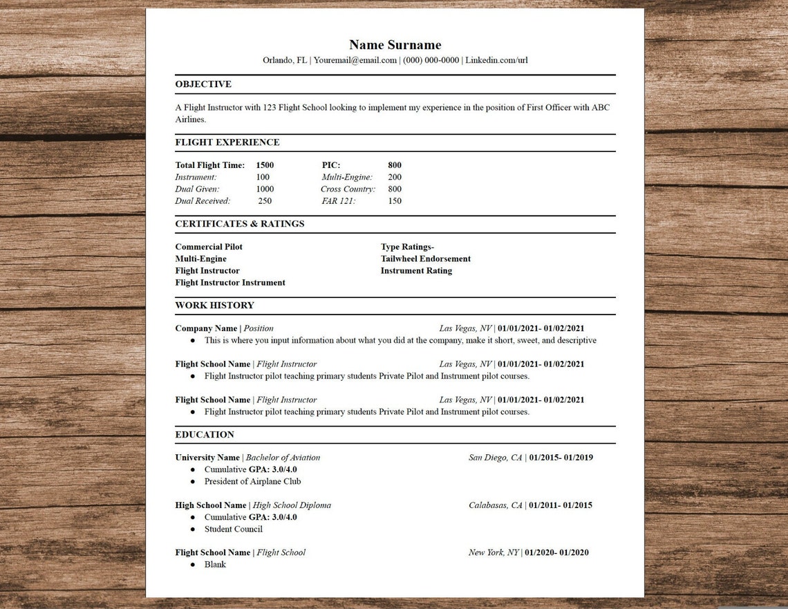 Pilot Resume Template — Editable Airline Resume, Ats-friendly CV for ...