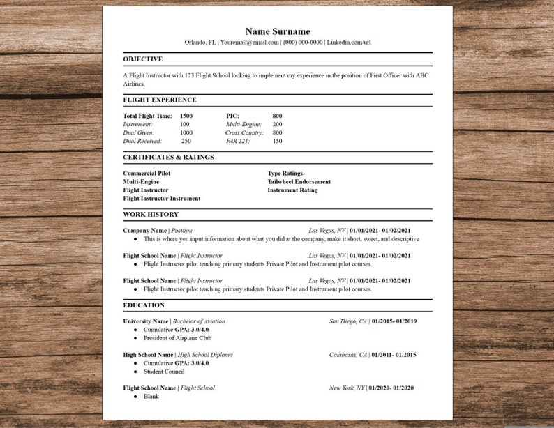 Pilot Resume Template — Editable Airline Resume, Ats-friendly CV for ...