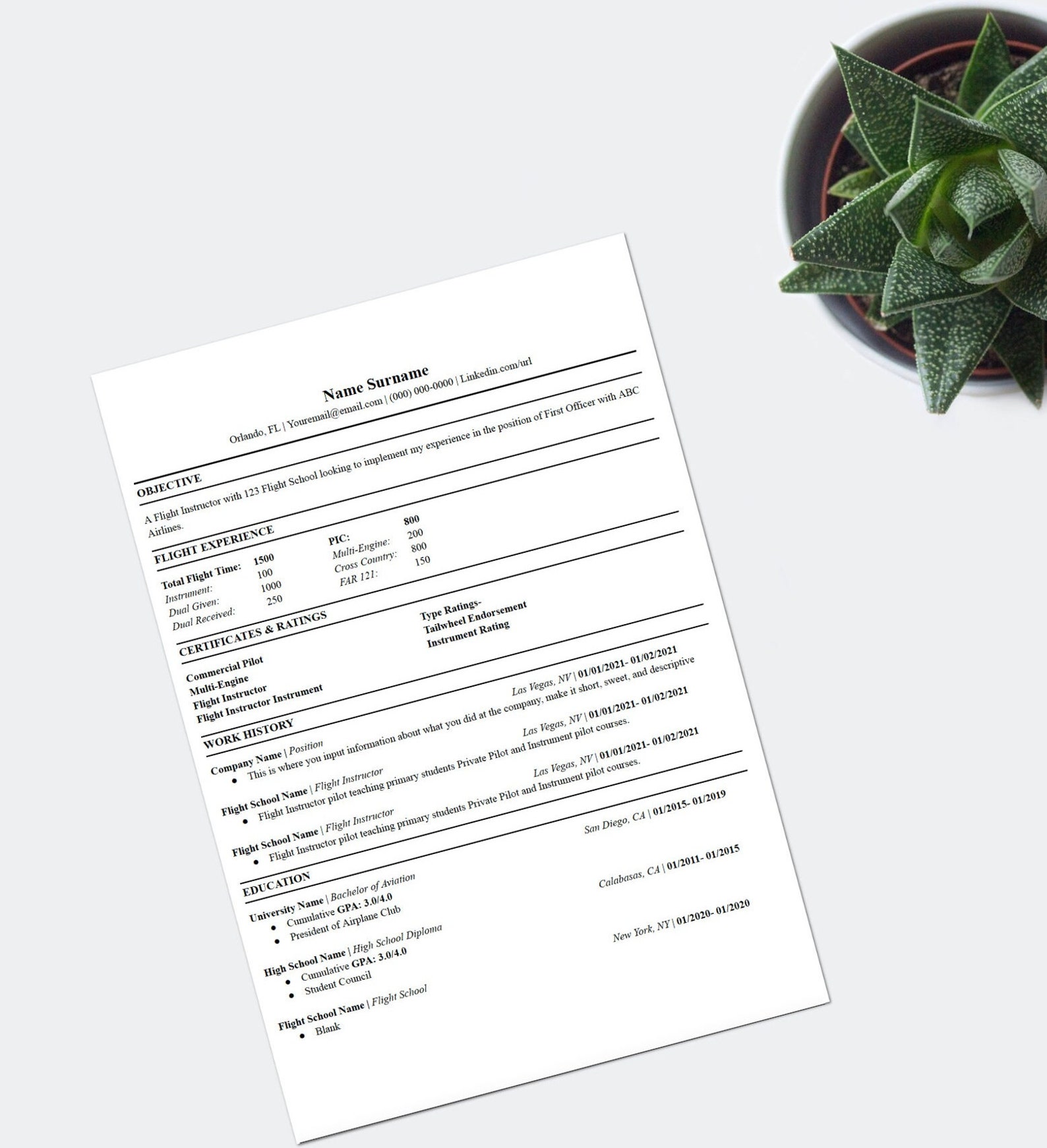 Pilot Resume Template — Editable Airline Resume, Ats-friendly CV for ...