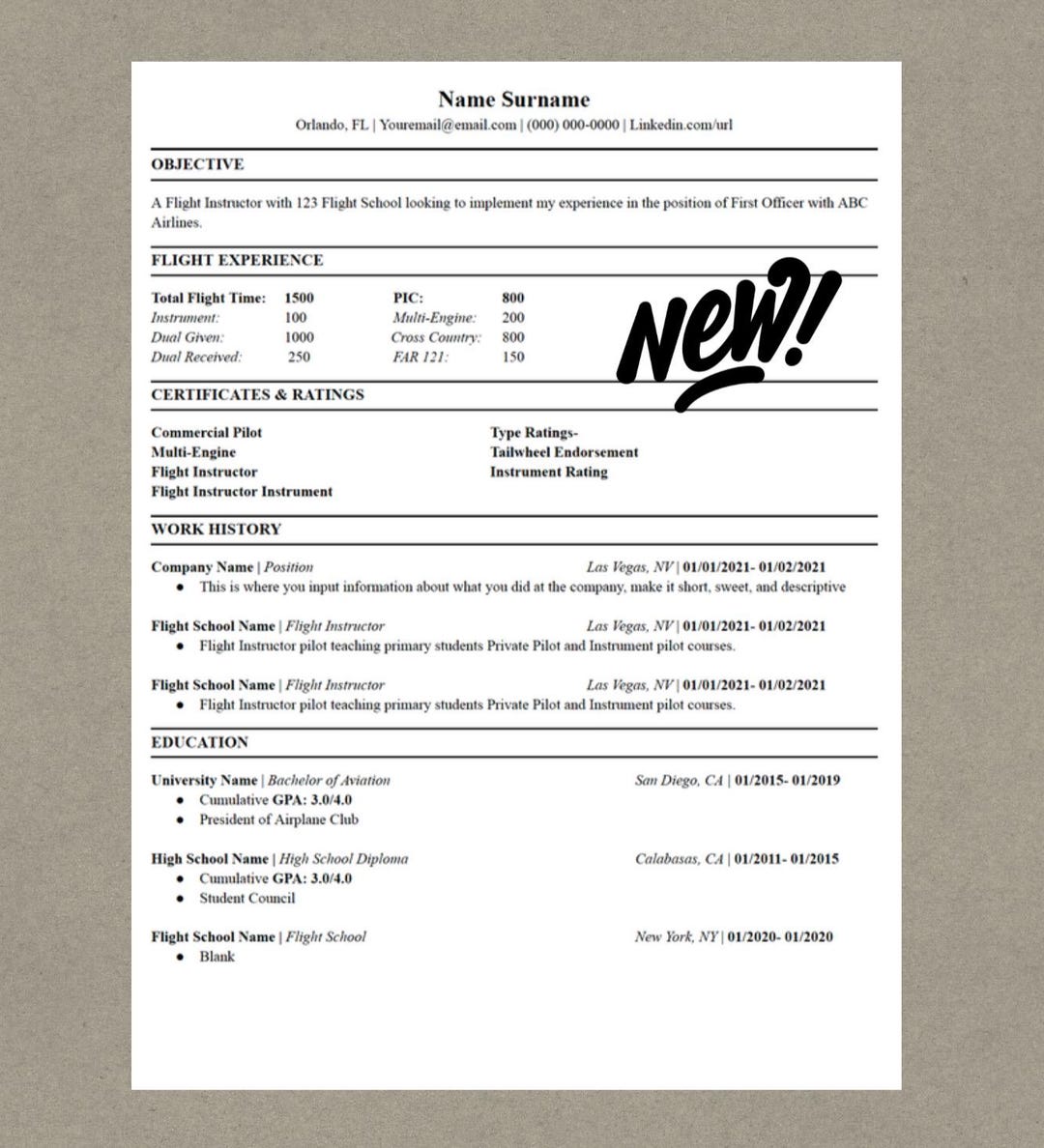 Pilot Resume Template — Editable Airline Resume, Ats-friendly CV for ...