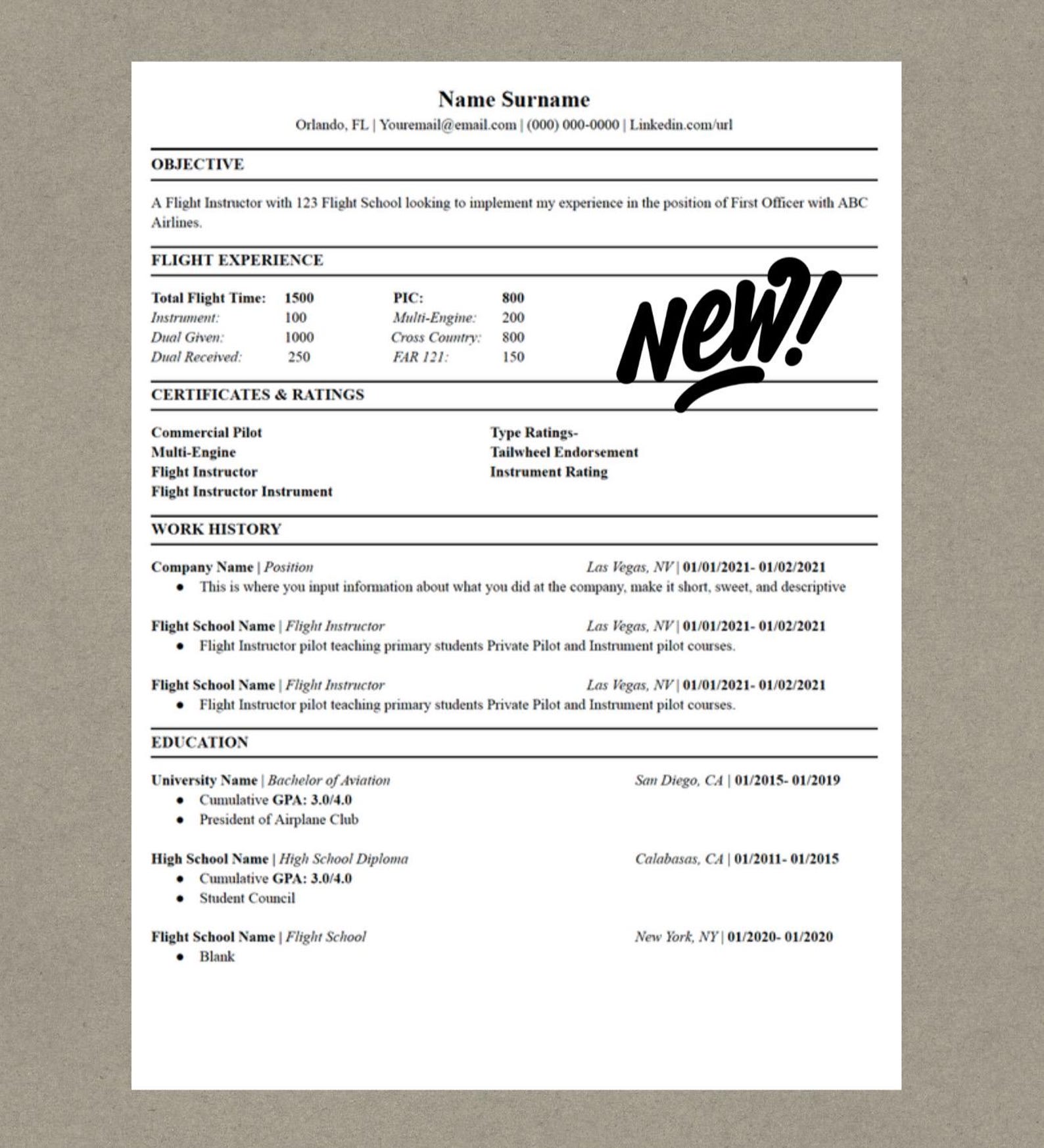 Pilot Resume Template — Editable Airline Resume, Ats-friendly CV for ...