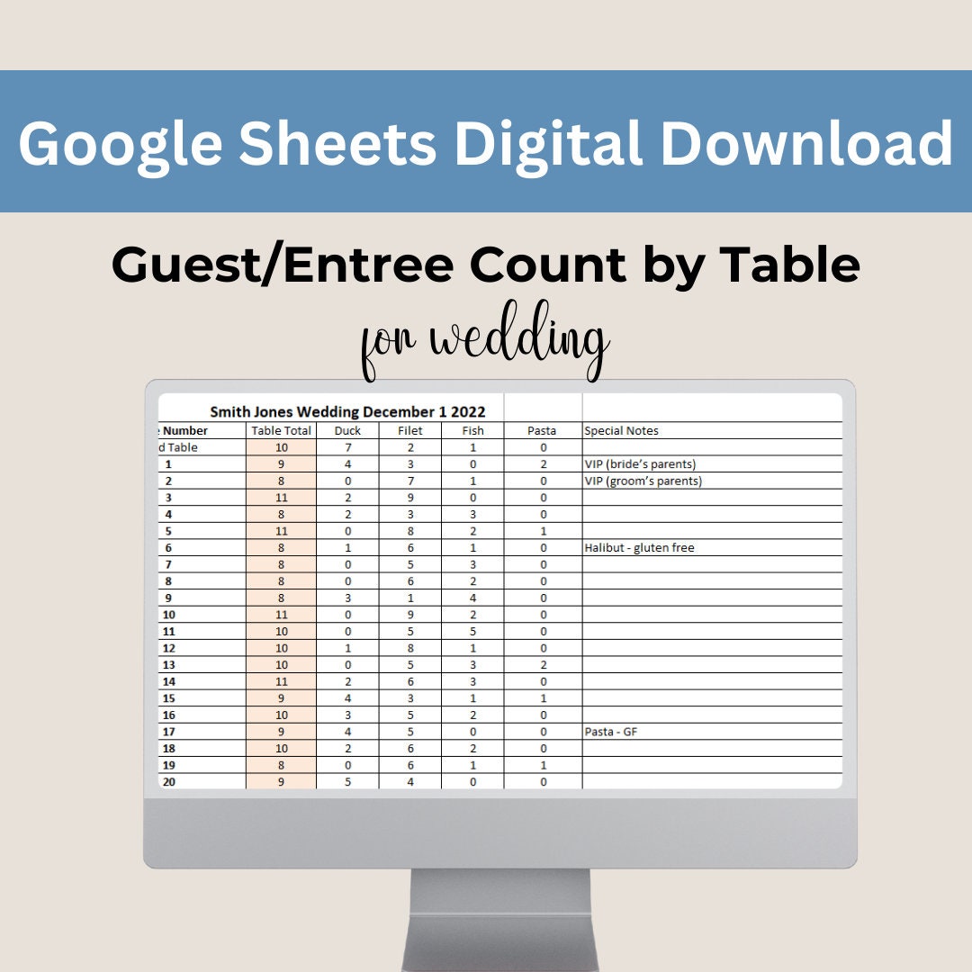 Editable Wedding Guest Entree Count by Table / Google Sheet Download ...