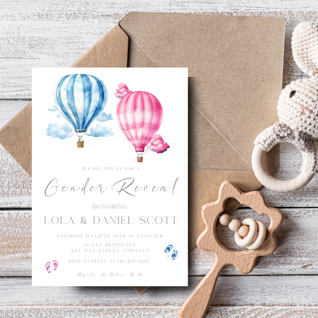 Hot Air Balloon Gender Reveal Invitation: Editable Template (digital ...