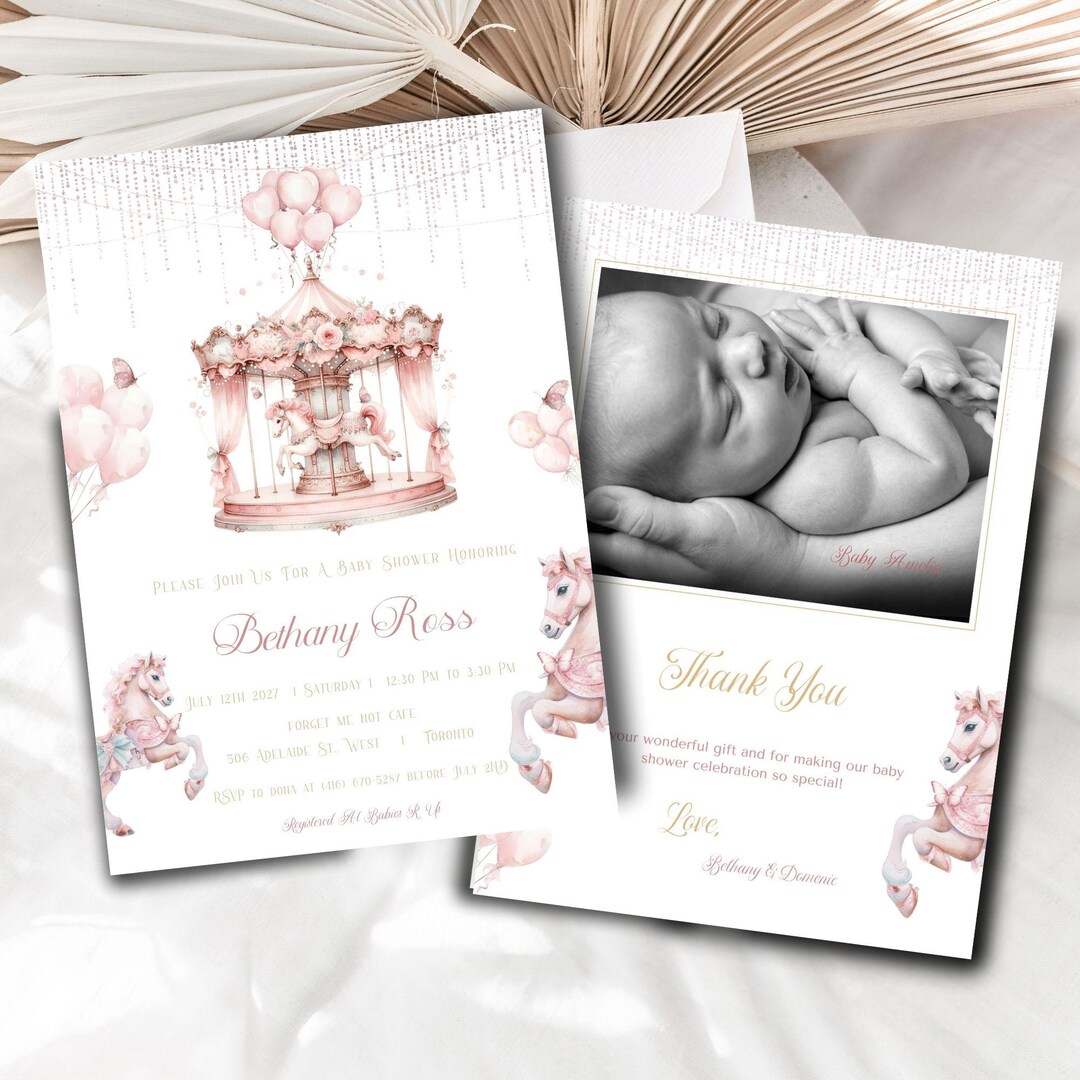 Pink Carousel Baby Shower Invitation Bundle: Photo Thank You Card ...