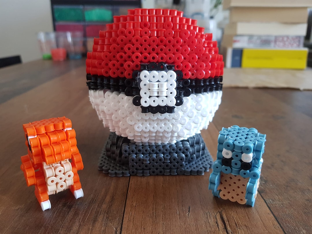 Pokeball Made of Iron Beads on a Stand With Charmander and Squirtle - Etsy